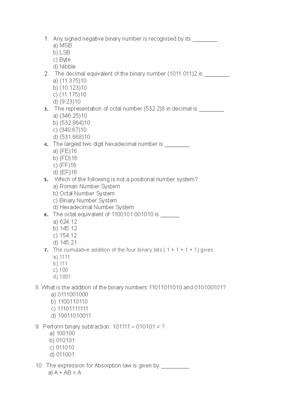Mcq Unit 4 Kec 201 1 Any Signed Negative Binary Number Is Recognised