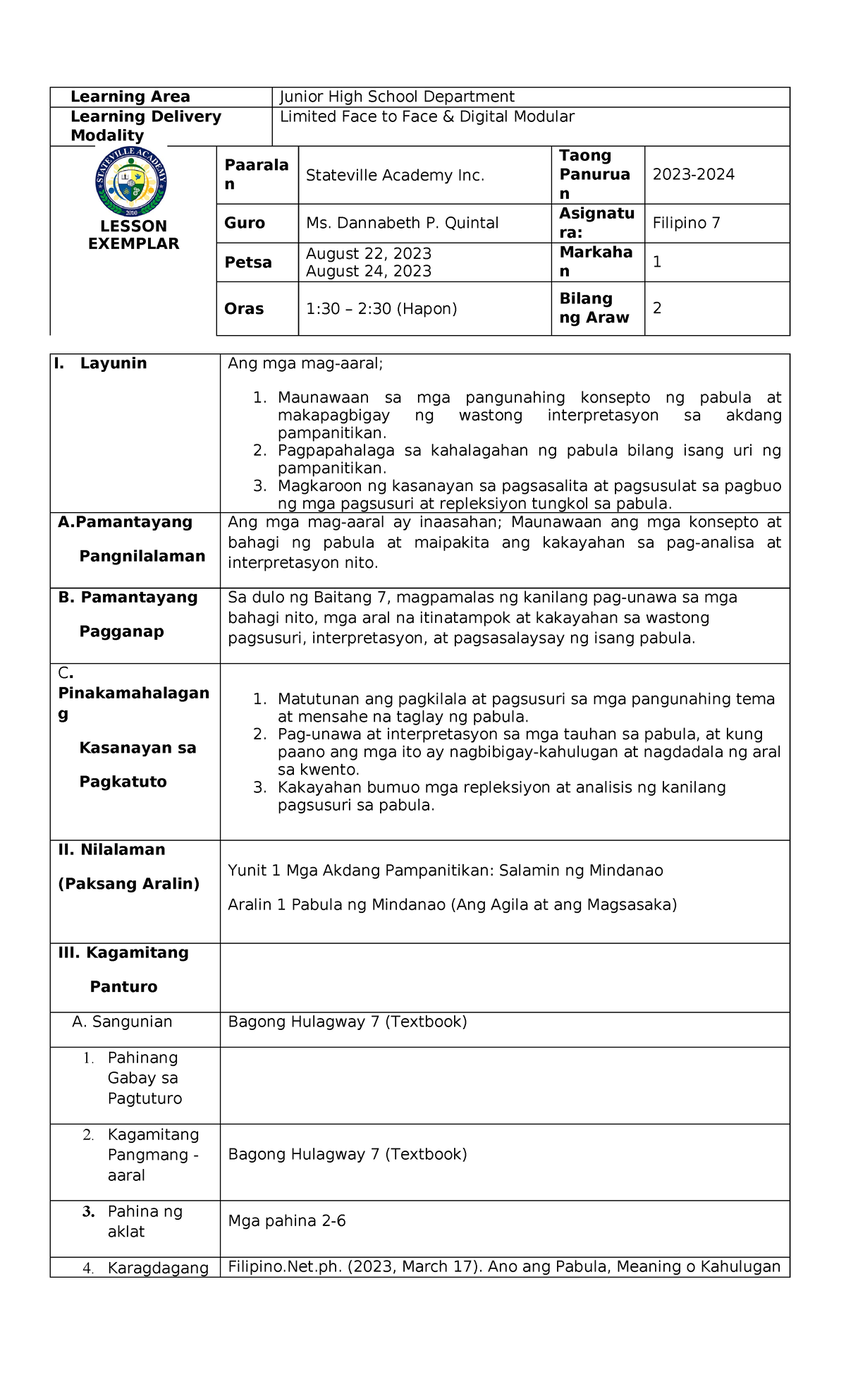 Filipino 7 - daASSADDDDSAW - Learning Area Junior High School ...