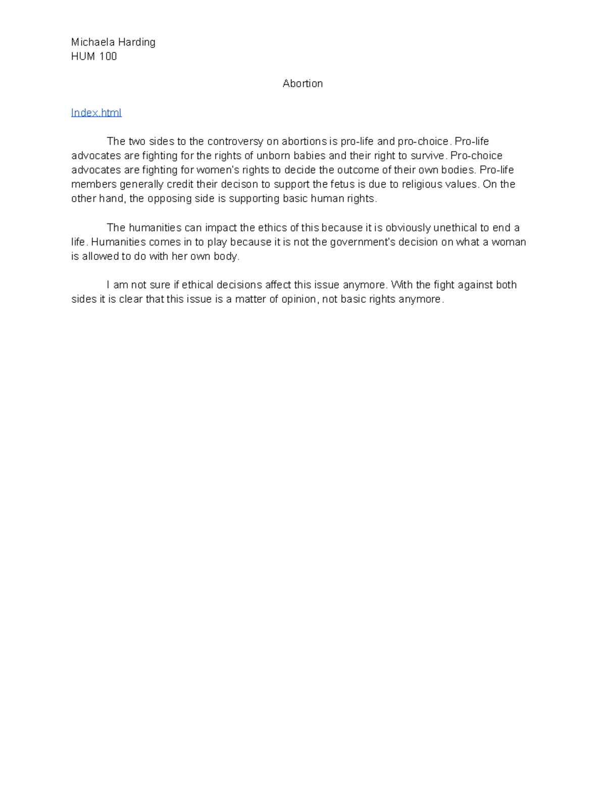 Abortion - Discussion 1 - Michaela Harding HUM 100 Abortion Index The ...