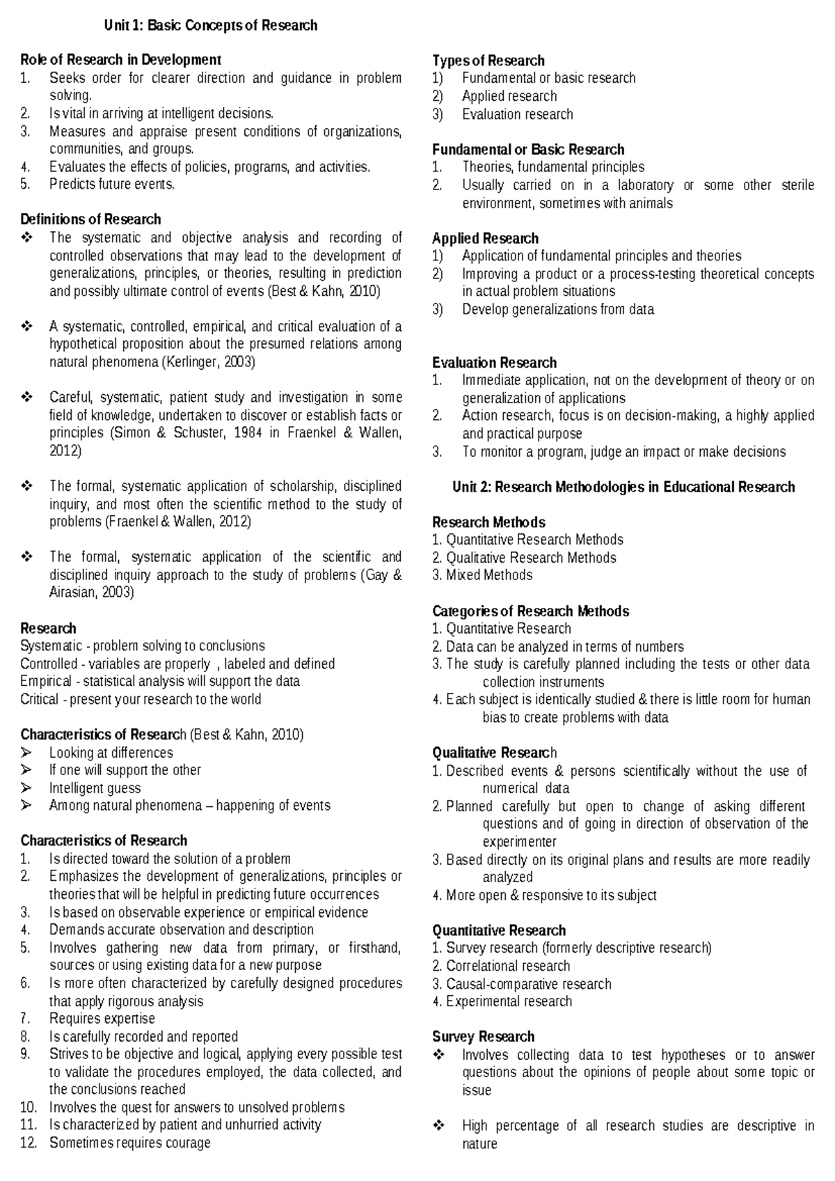 Bus. research - Unit 1&2 notes - Unit 1: Basic Concepts of Research ...