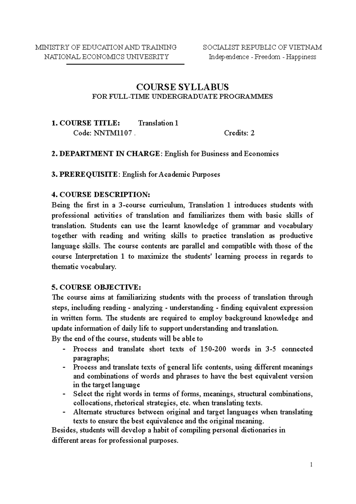 Translation 1 Syllabus TATM 2021 - MINISTRY OF EDUCATION AND TRAINING ...