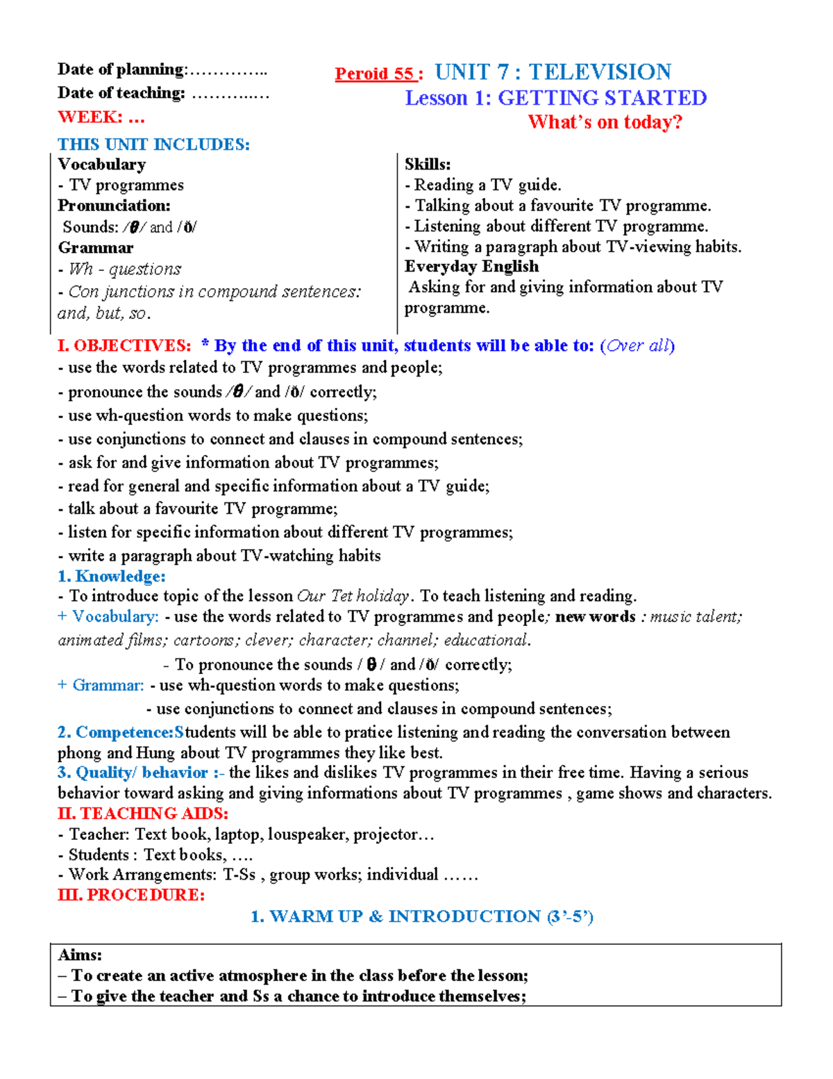 Unit 7 - Lesson 1-Getting started - Date of planning ...