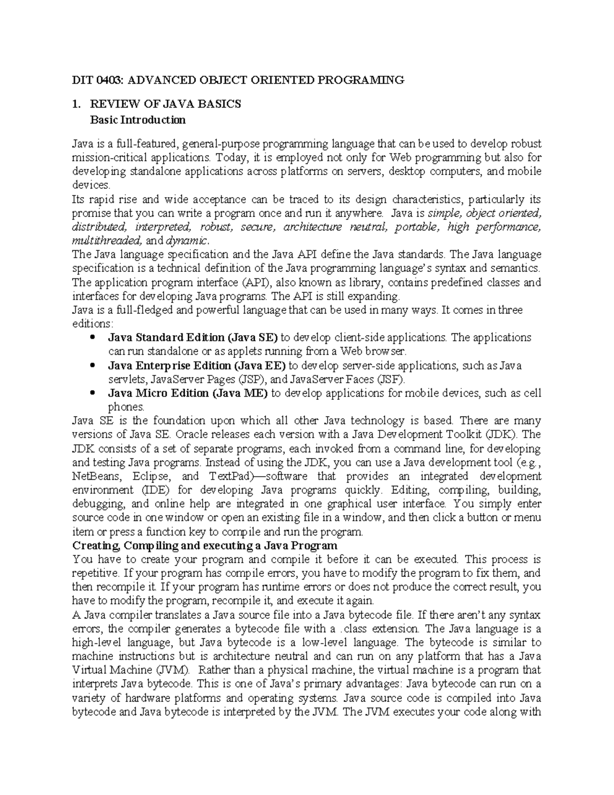 Dit 0403 Advanced Oop Course Notes Dit 0403 Advanced Object Oriented Programing 1 Review Of