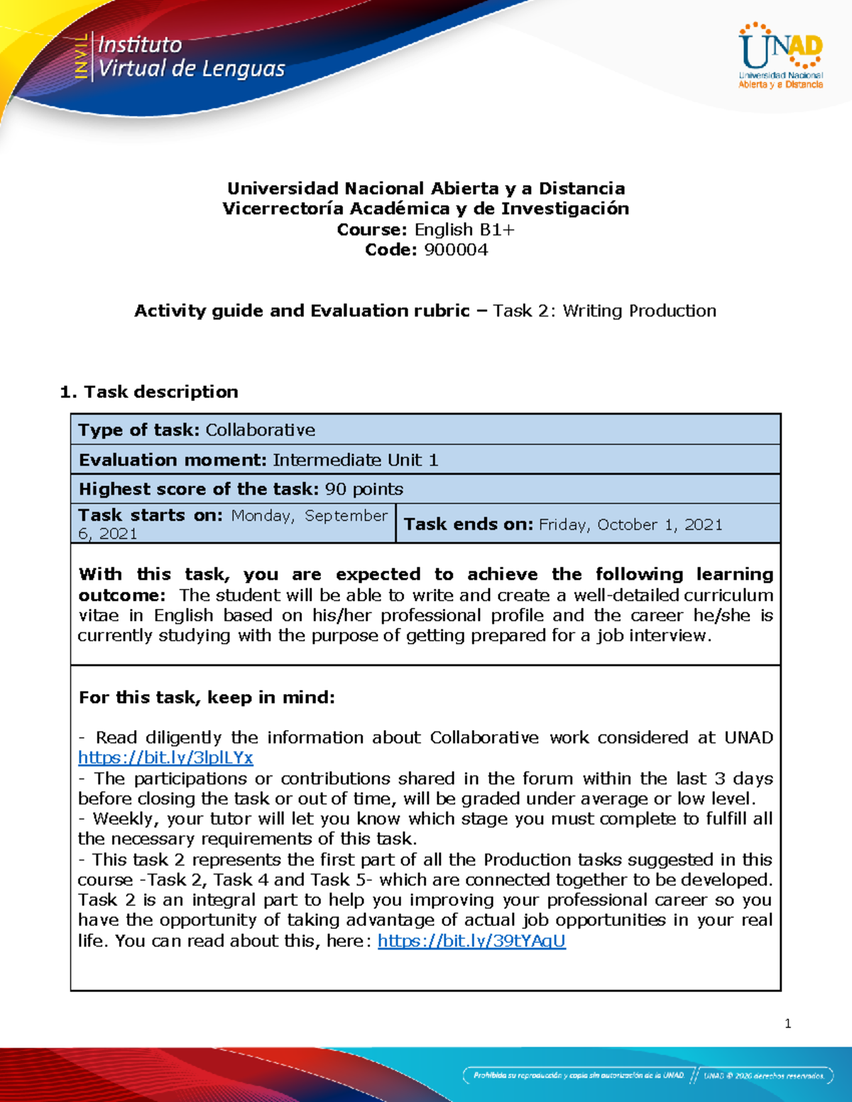 Activities guide and Evaluation rubric - Unit 1 -Task 2 - Writing ...