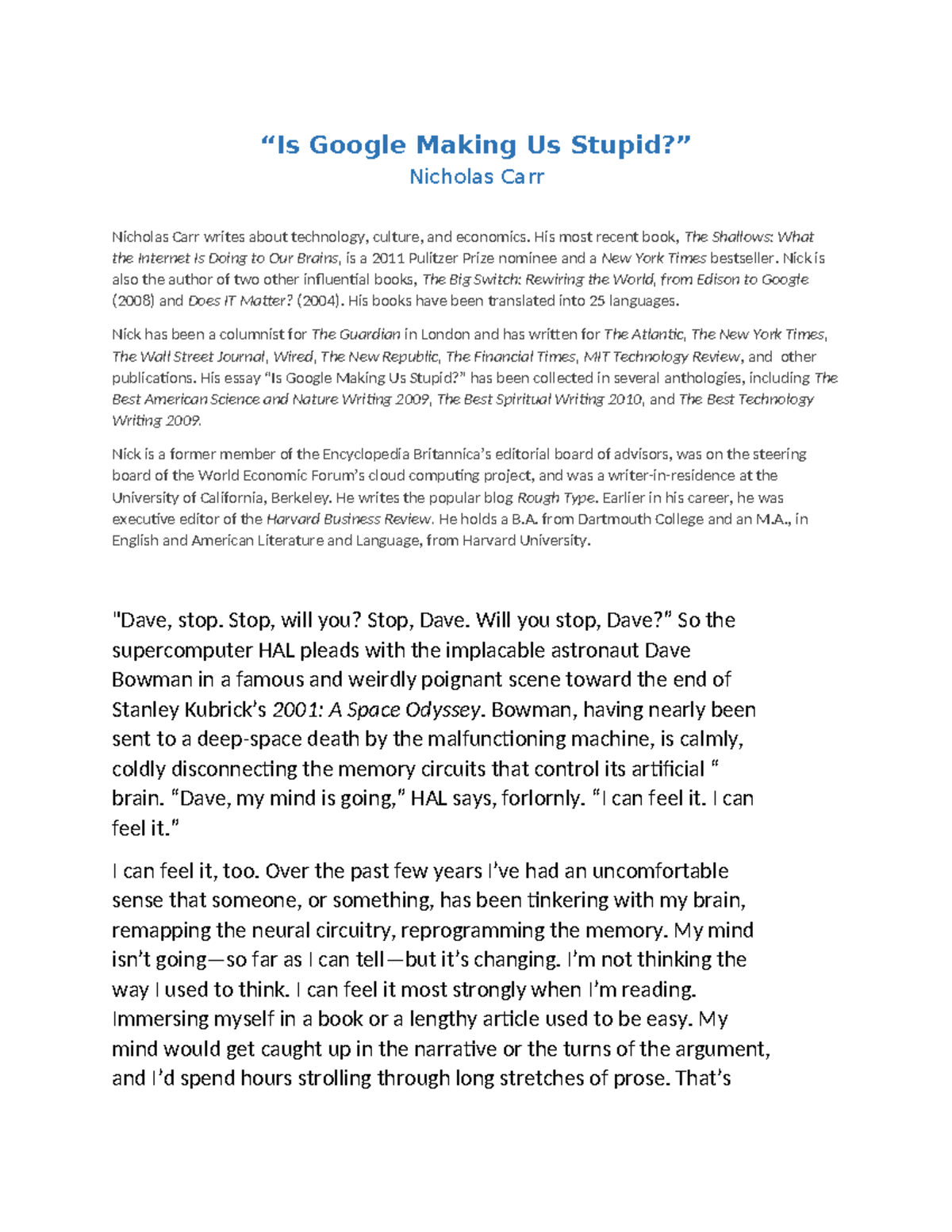 Is Google Making Us Stupid - “Is Google Making Us Stupid?” Nicholas ...
