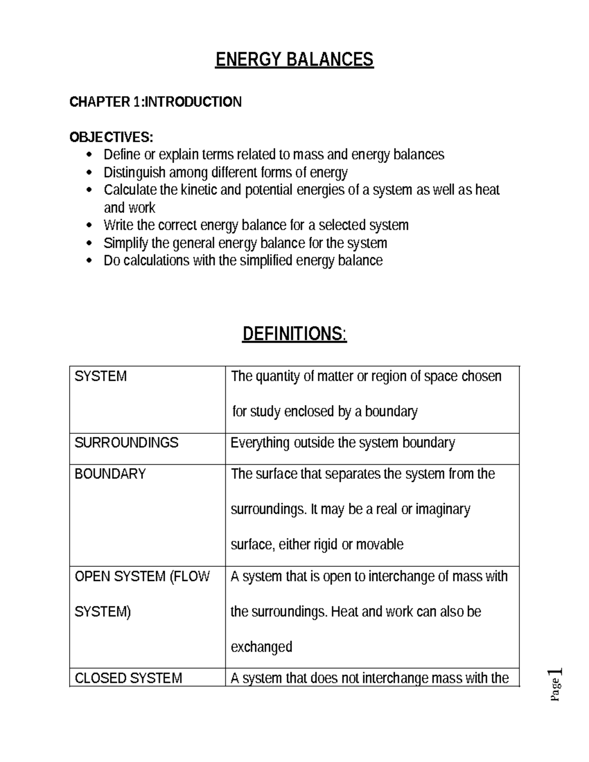 Energy Balances - 1 ENERGY BALANCES CHAPTER 1:INTRODUCTION OBJECTIVES ...
