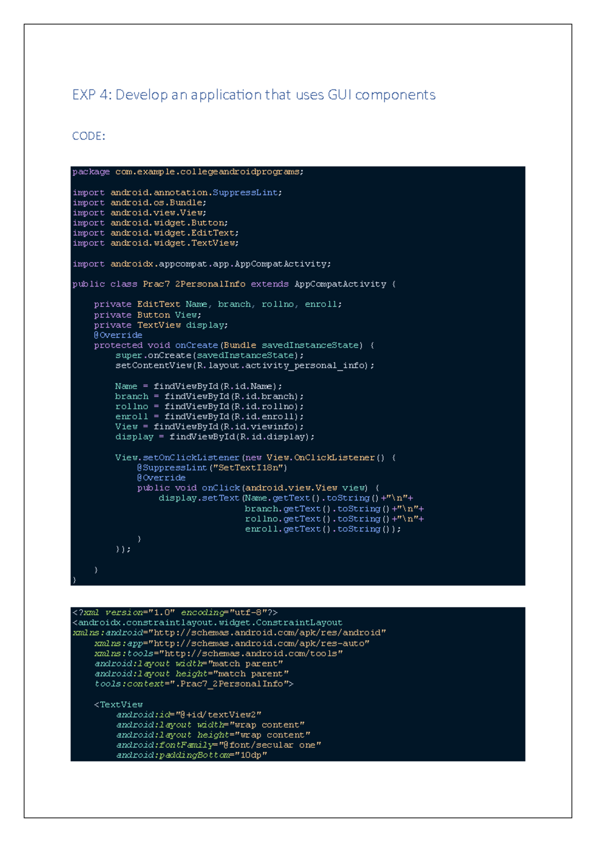 MC EXP 4 merged - MC EXP 4 - EXP 4: Develop an application that uses GUI components CODE ...