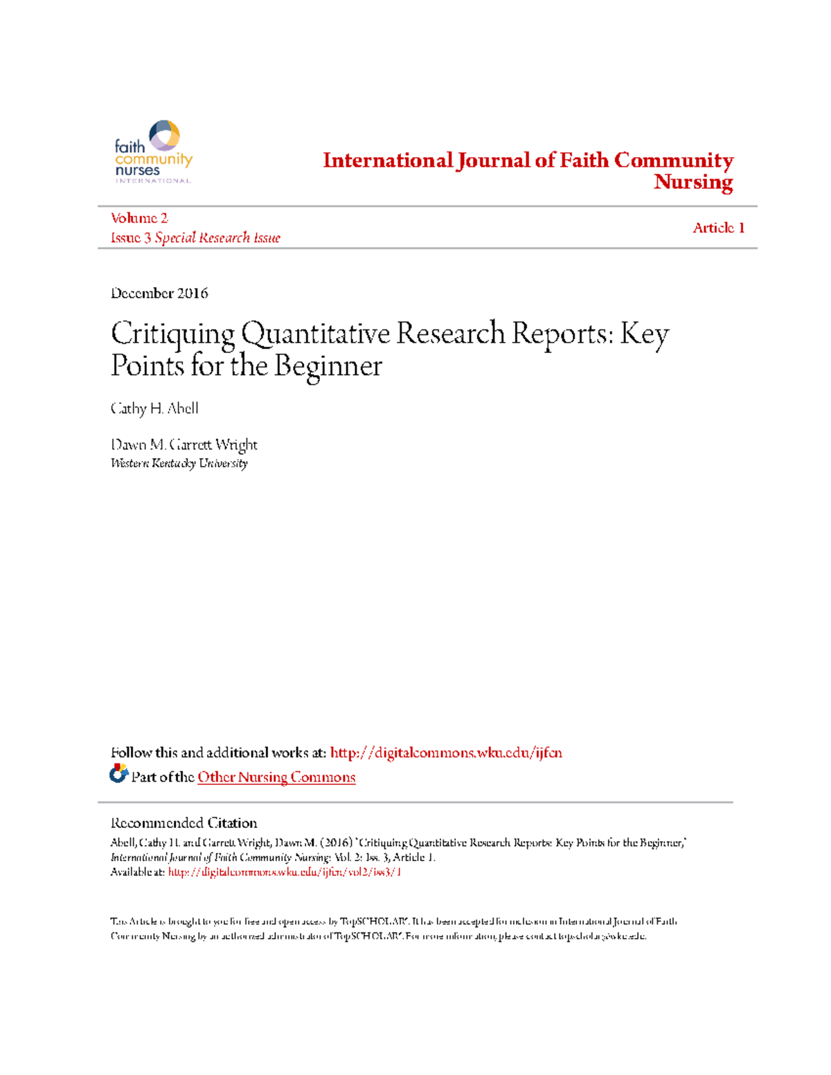 Critiquing Quantitative Research - Abell Dawn M. Garrett Wright Western ...