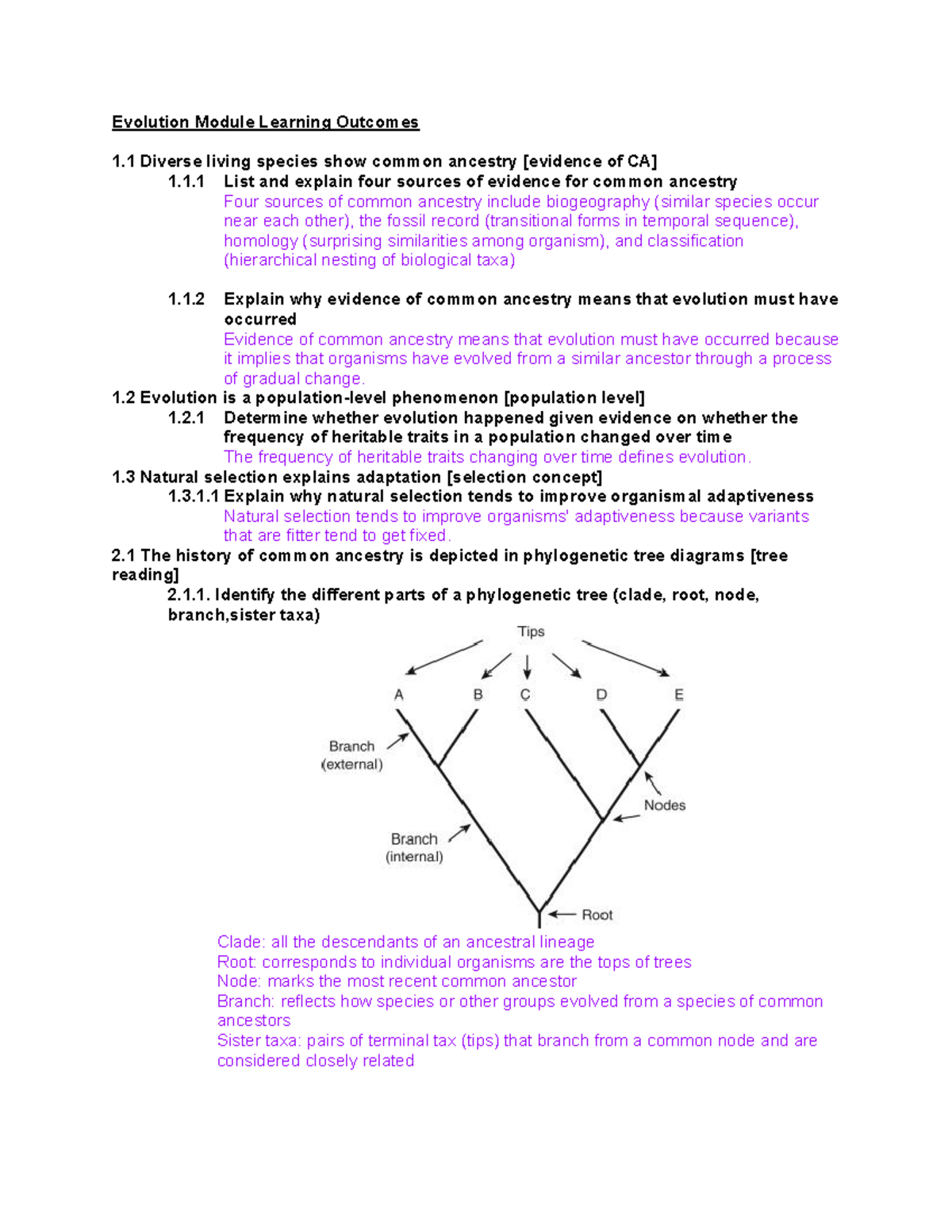 Evolution Module Learning Outcomes - 1 List and explain four sources of evidence for common ...
