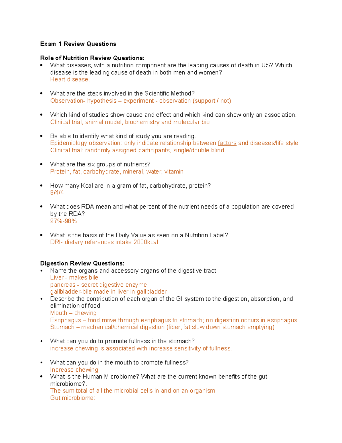 Exam 1 Review Questions - Exam 1 Review Questions Role of Nutrition Review Questions: What - Studocu