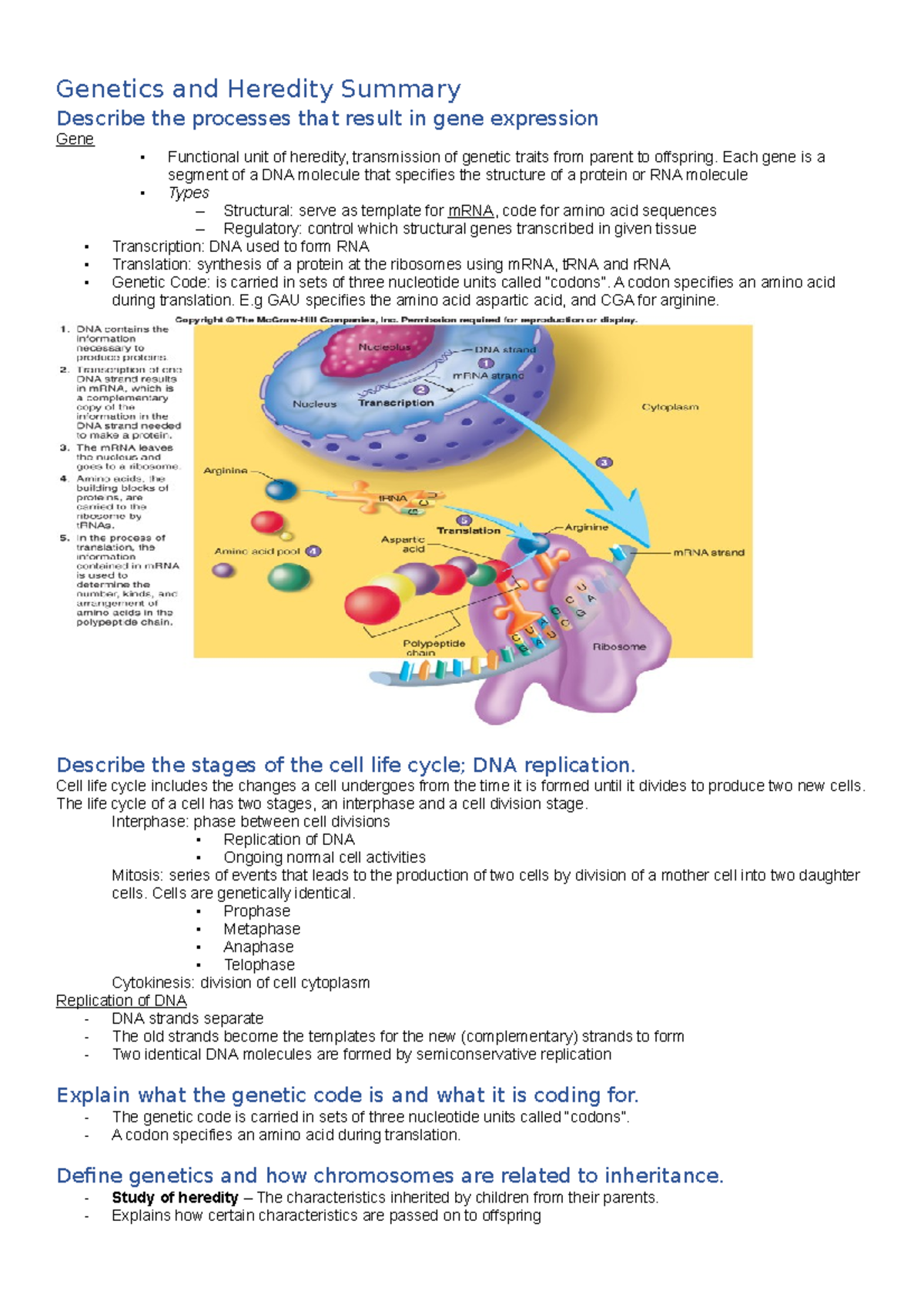 Genetics and Heredity Summary - Genetics and Heredity Summary Describe ...