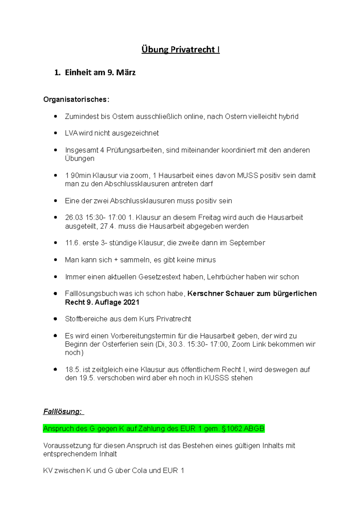 Übung Privatrecht I - Dillinger - Übung Privatrecht I 1. Einheit am 9 ...