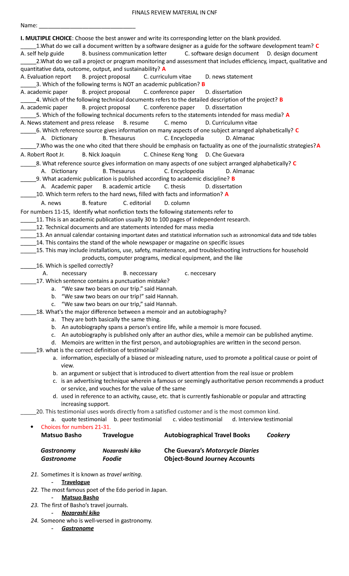CNF-WITH-Ans - Reviewers in creative non fiction - FINALS REVIEW ...
