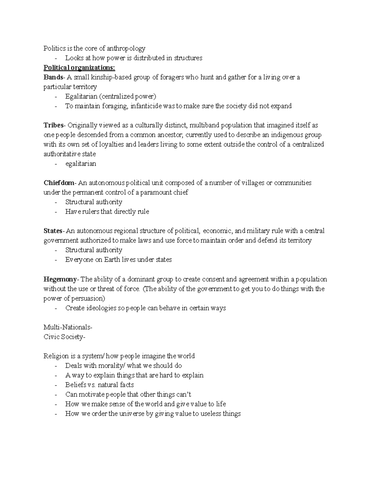 Cult. Anthro. lesson 12, 13 - Politics is the core of anthropology ...