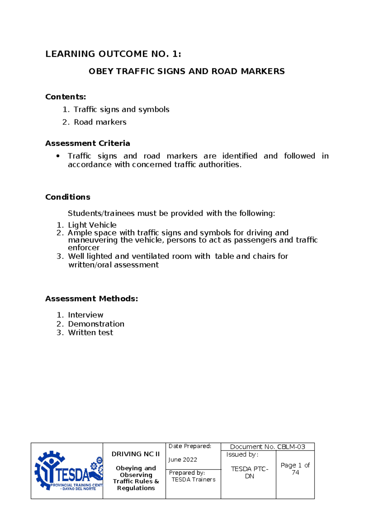 619980571 CBLM UC3 NEW Final - LEARNING OUTCOME NO. 1: OBEY TRAFFIC SIGNS AND ROAD MARKERS ...