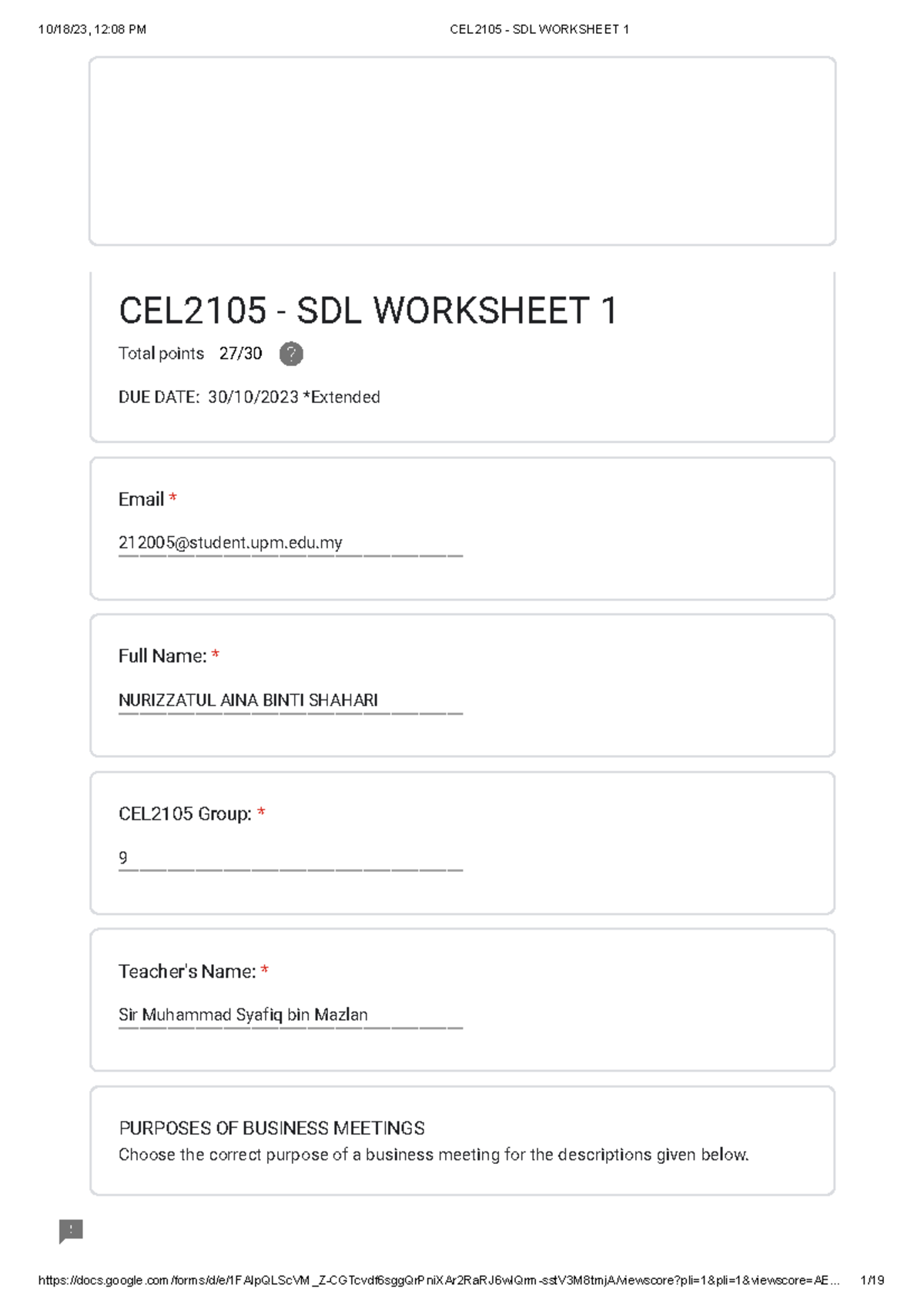 CEL2105 - SDL Worksheet 1 SEM 1 23/24 - Email * 212005@student.upm.edu NURIZZATUL AINA BINTI ...