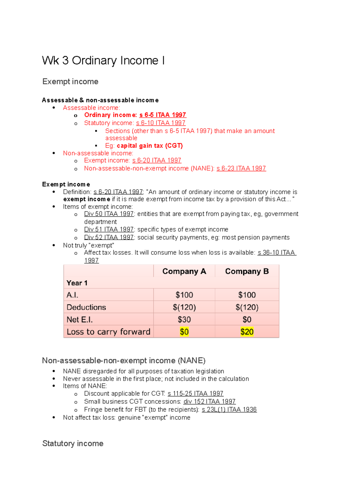 CLAW3201 wk3 - lec notes - Wk 3 Ordinary Income I Exempt income ...