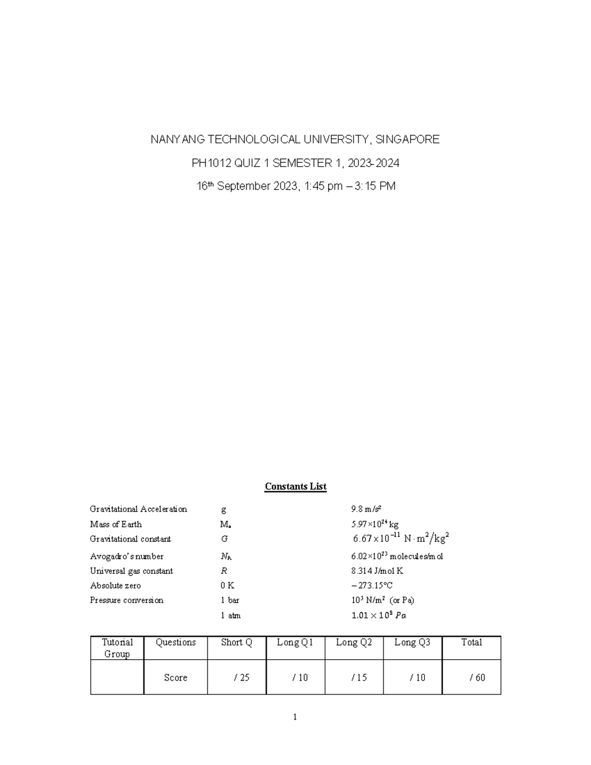2023 PH1012 Quiz 1 Answers - NANYANG TECHNOLOGICAL UNIVERSITY, SINGAPORE PH1012 QUIZ 1 SEMESTER ...