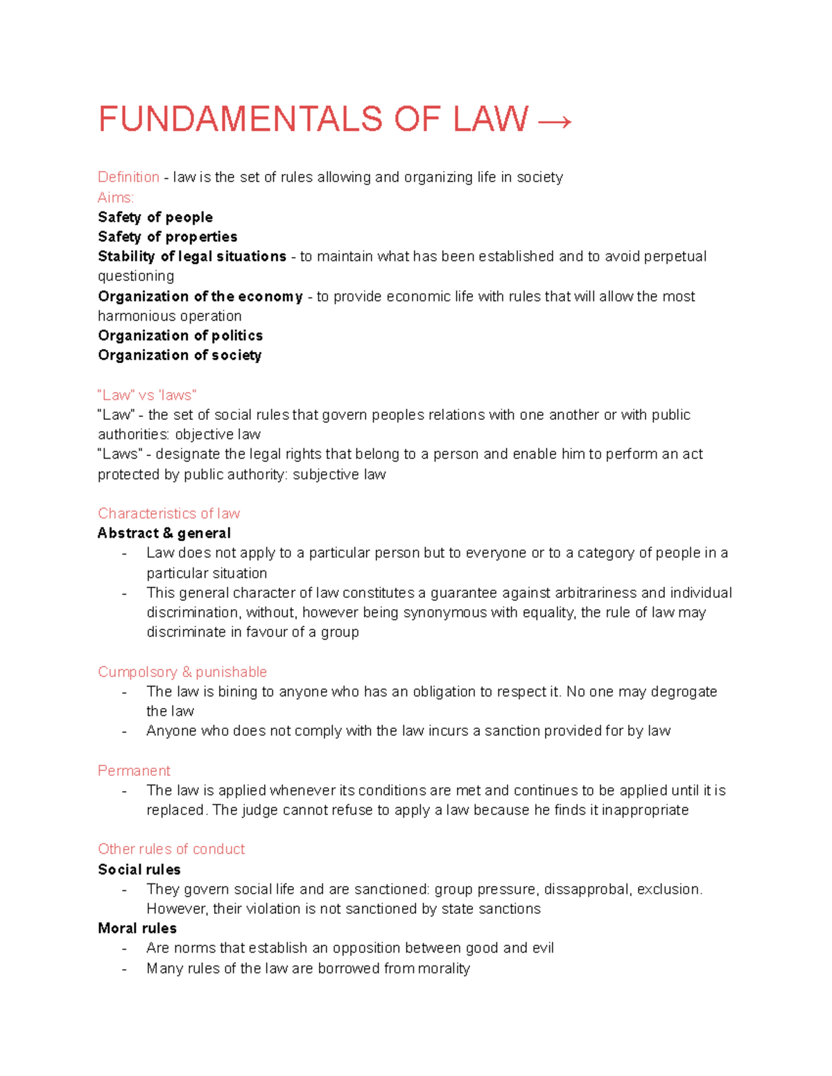 Law - Law notes - FUNDAMENTALS OF LAW → Definition - law is the set of ...