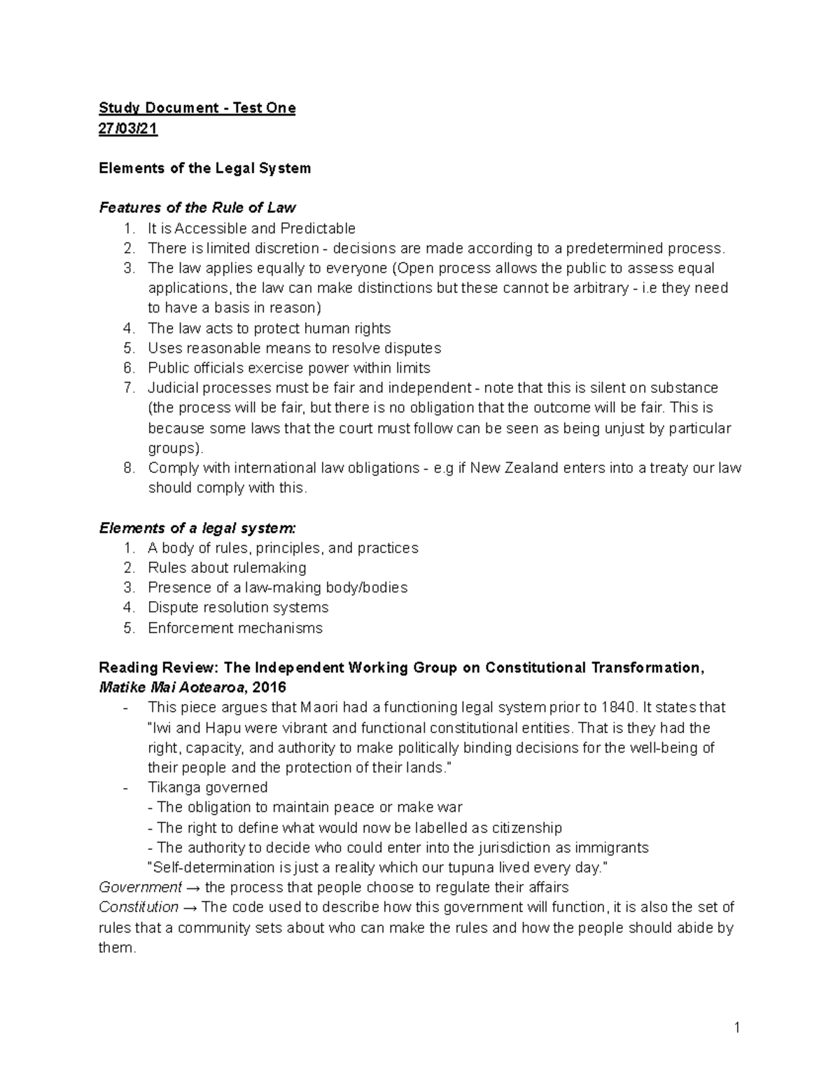 Study Doc Test One - LAWS121 - Study Document - Test One 27/03 ...