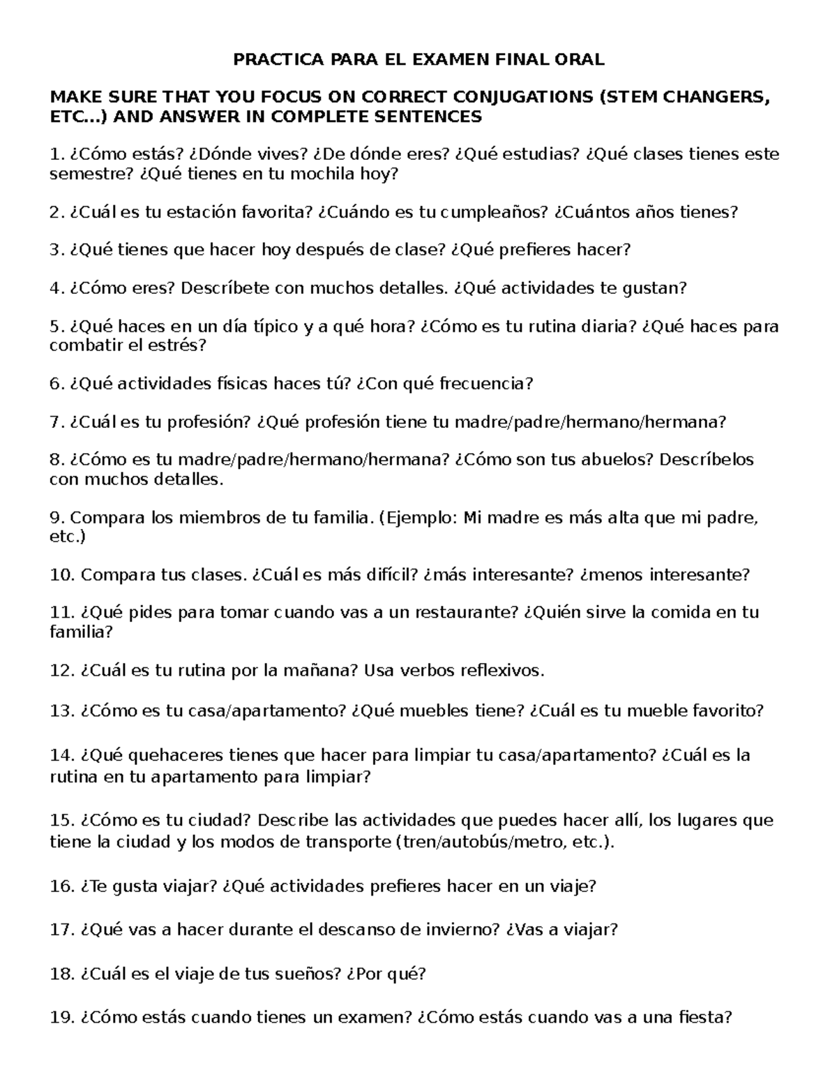 Oral Exam Study Guide 120 - PRACTICA PARA EL EXAMEN FINAL ORAL MAKE ...