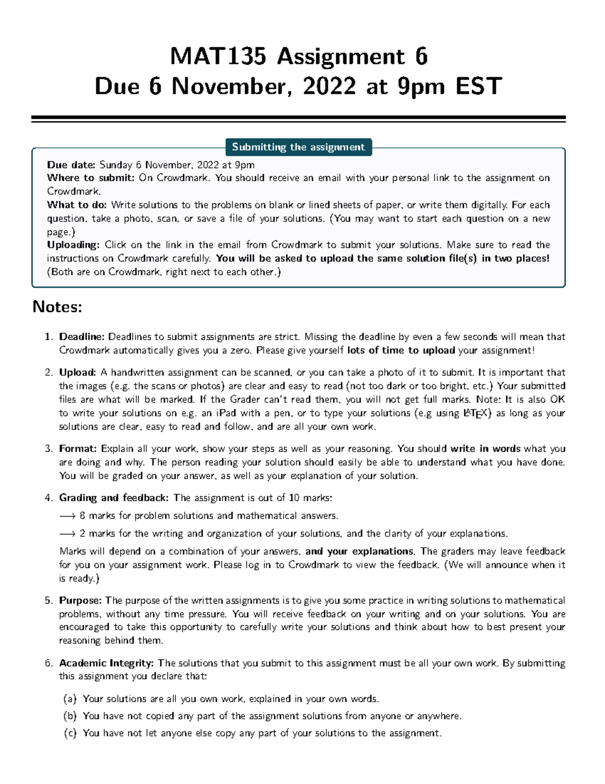 MAT135 Written Assignment 6 fall 2022 - MAT135 Assignment 6 Due 6 ...