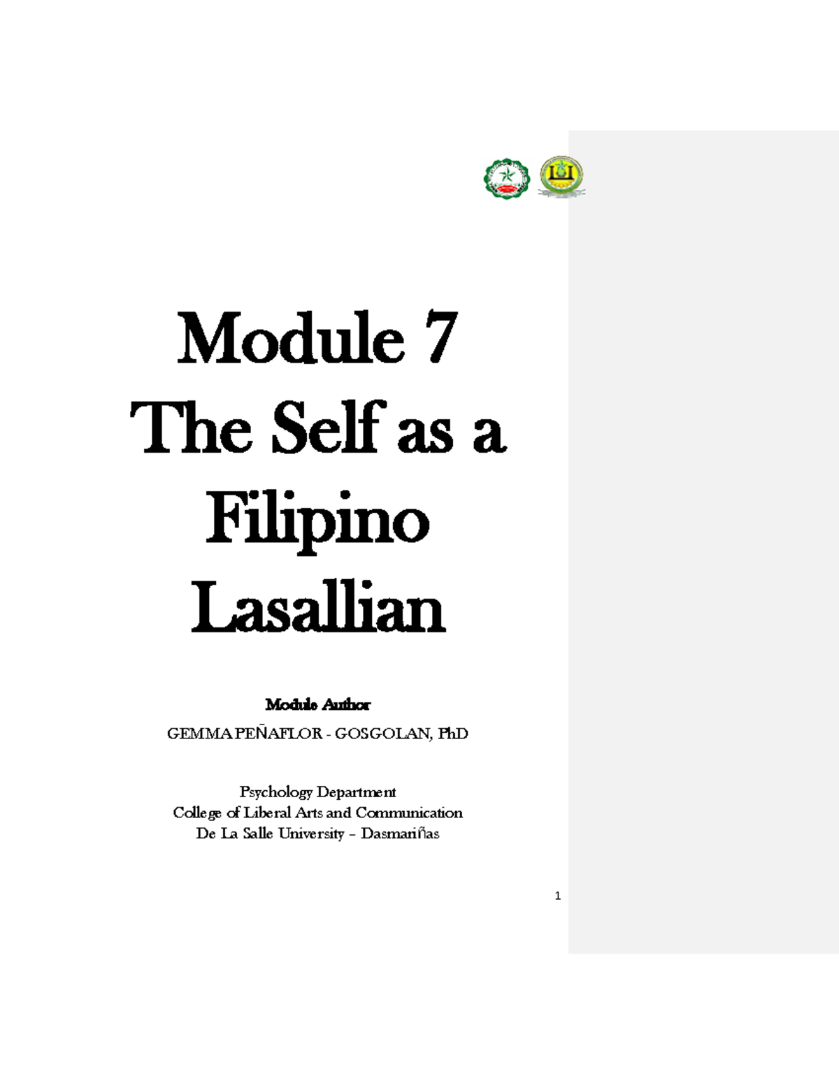 Module 7 - The Self as a Filipino Lasallian - Module 7 The Self as a ...