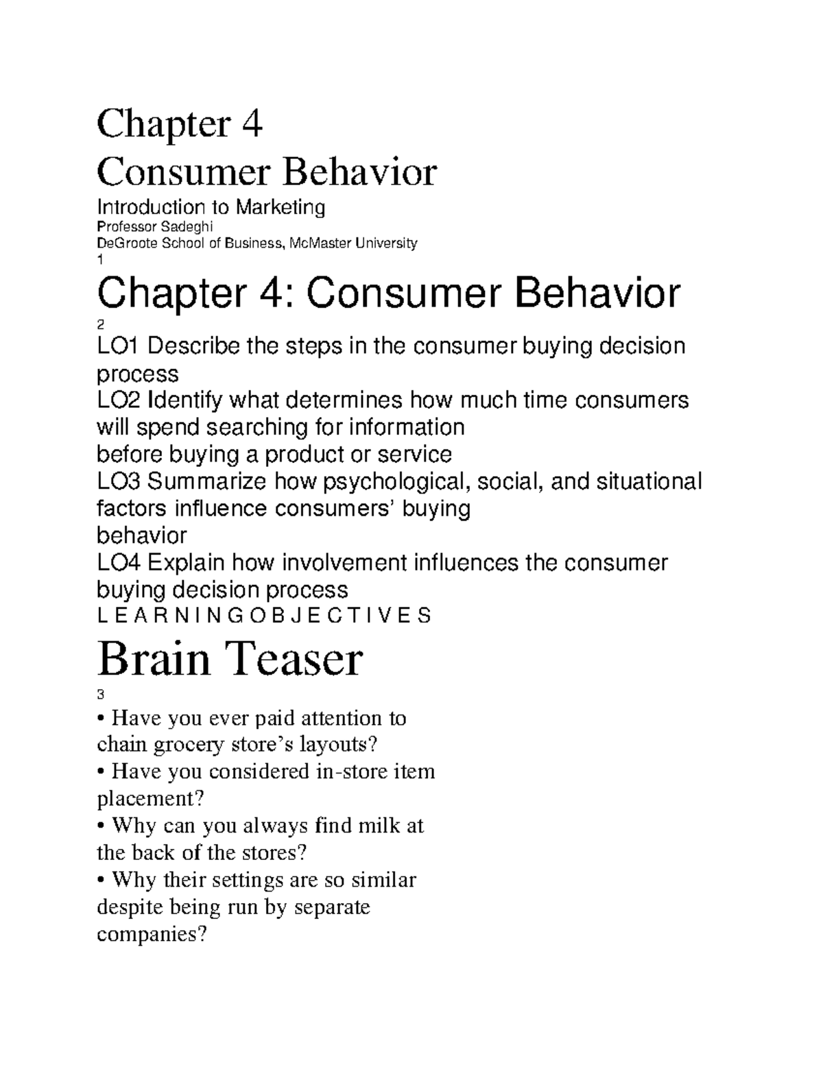 Sus note 7 - Note - Chapter 4 Consumer Behavior Introduction to Marketing Professor Sadeghi ...