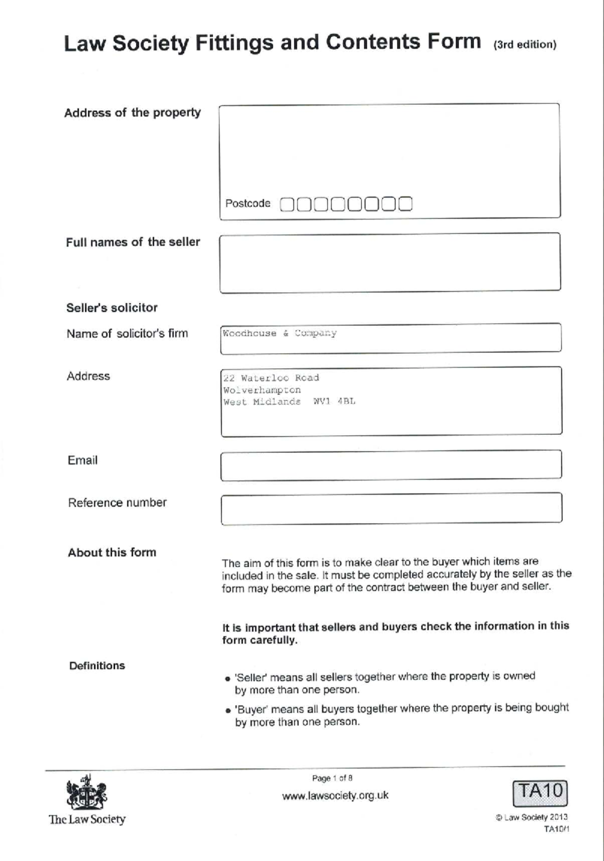 TA10 Fittings AND Contents FORM - Law Society Fittings and Contents ...