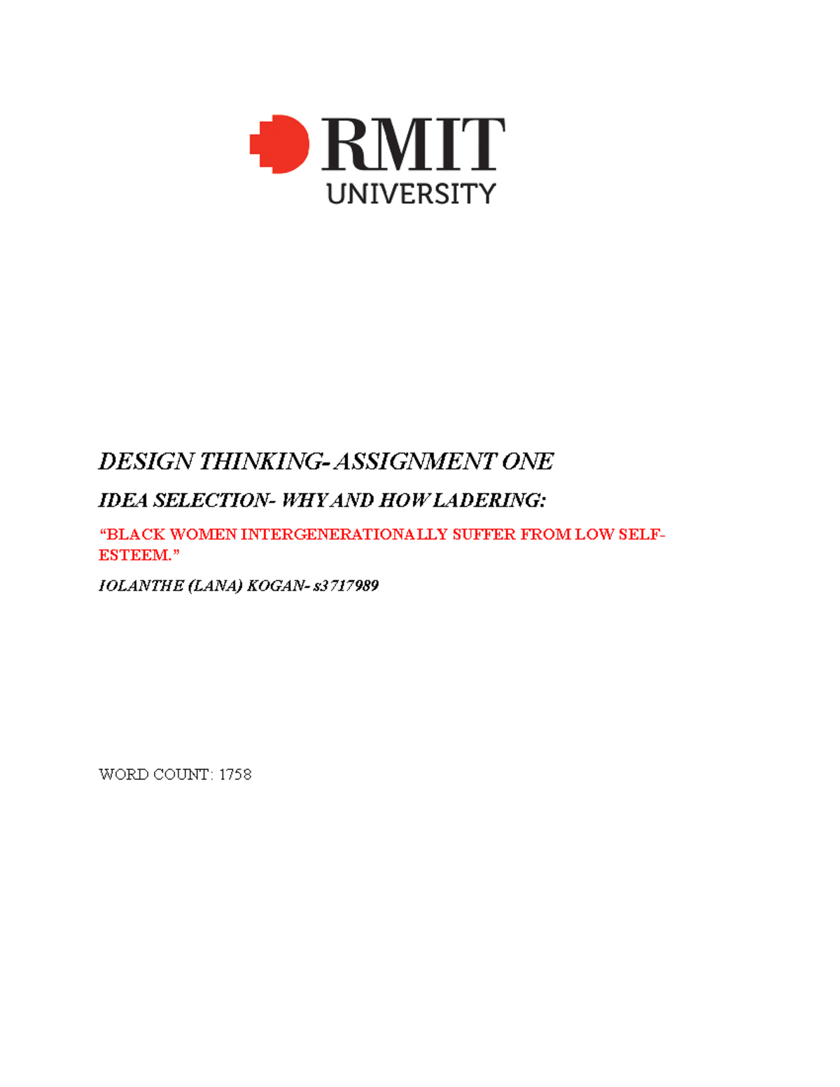 Assignment 1 - Ideas Selection Assignment - DESIGN THINKING- ASSIGNMENT ...