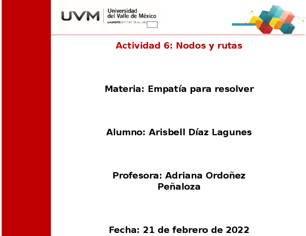 actividad 6 empatia para resolver uvm - Actividad 6: Nodos y rutas Materia: Empatía para ...