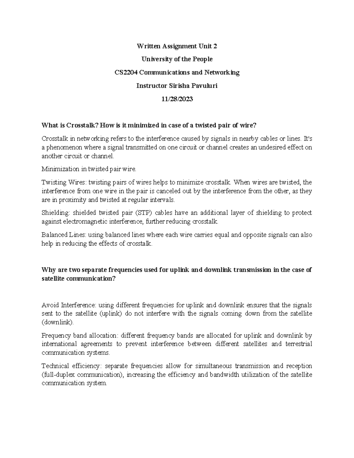 CS2204 WA2 - Written Assignment Unit 2 University of the People CS2204 Communications and ...