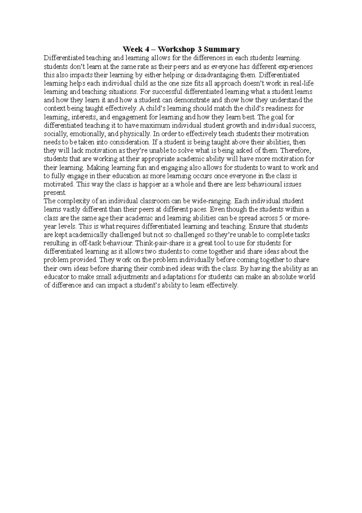 Week 4 Summary - Week 4 – Workshop 3 Summary Differentiated teaching ...