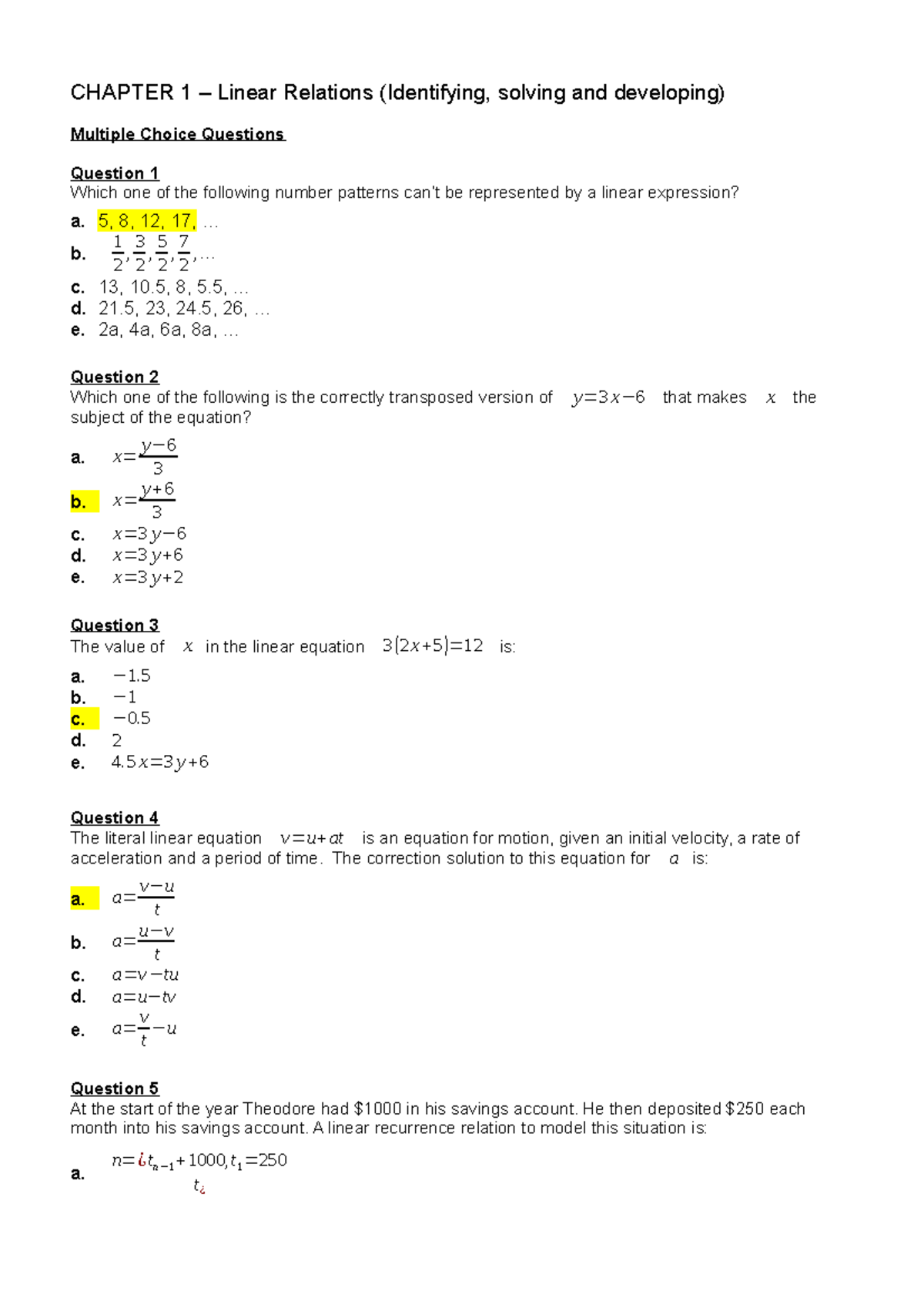 Review of 1.2, 1.3, 1.4 - CHAPTER 1 – Linear Relations (Identifying ...
