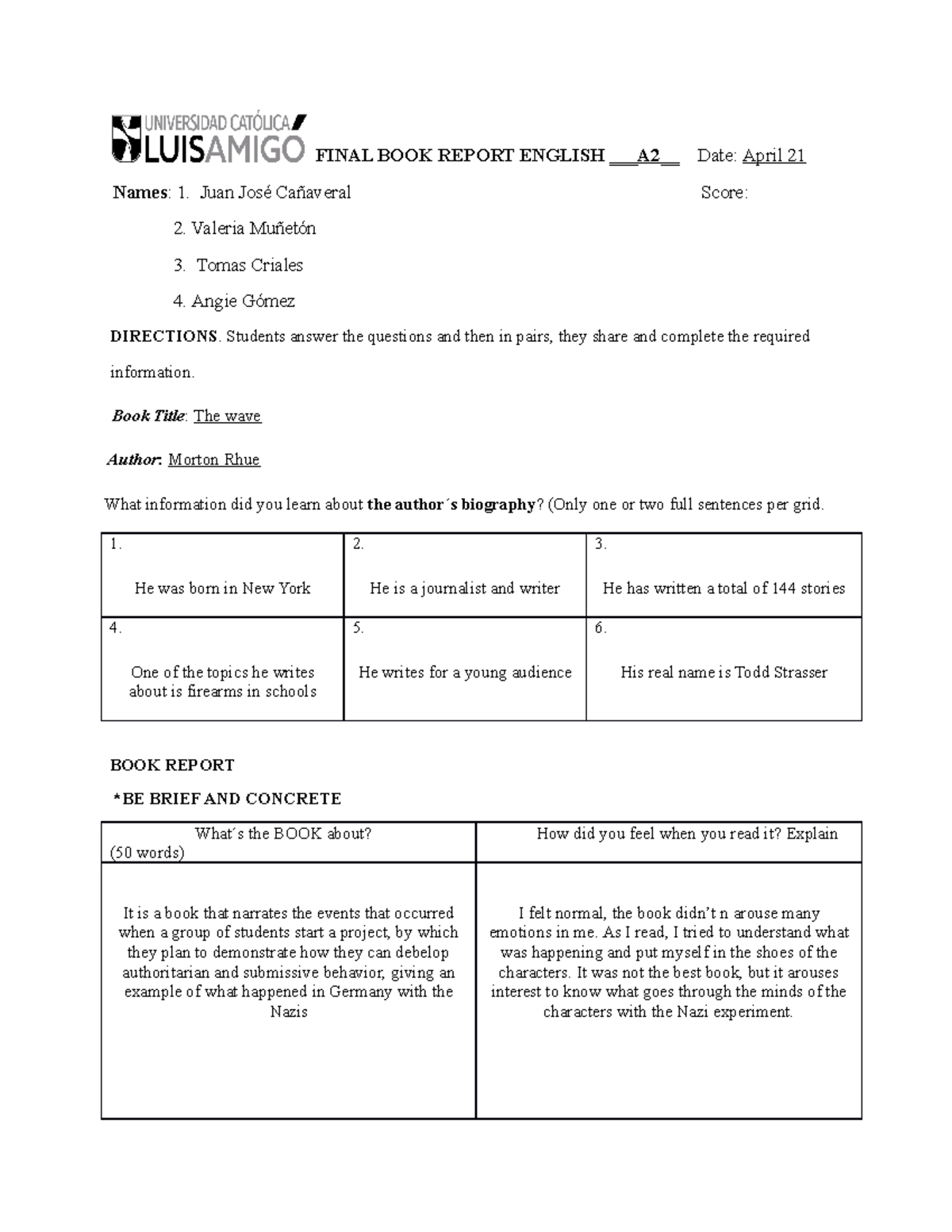 informe final libro - FINAL BOOK REPORT ENGLISH _A2 Date: April 21 ...
