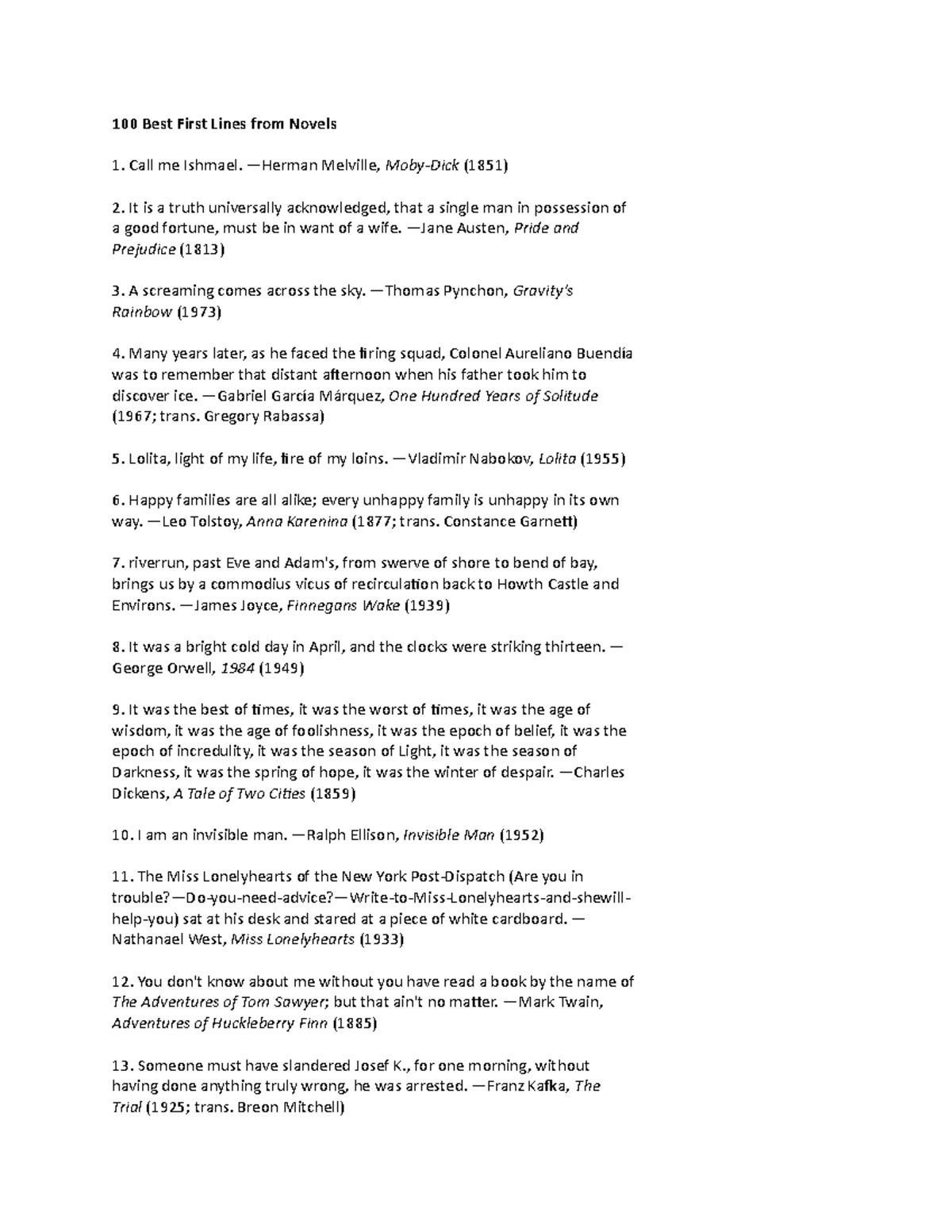 100 Best First Lines from Novels - 100 Best First Lines from Novels ...