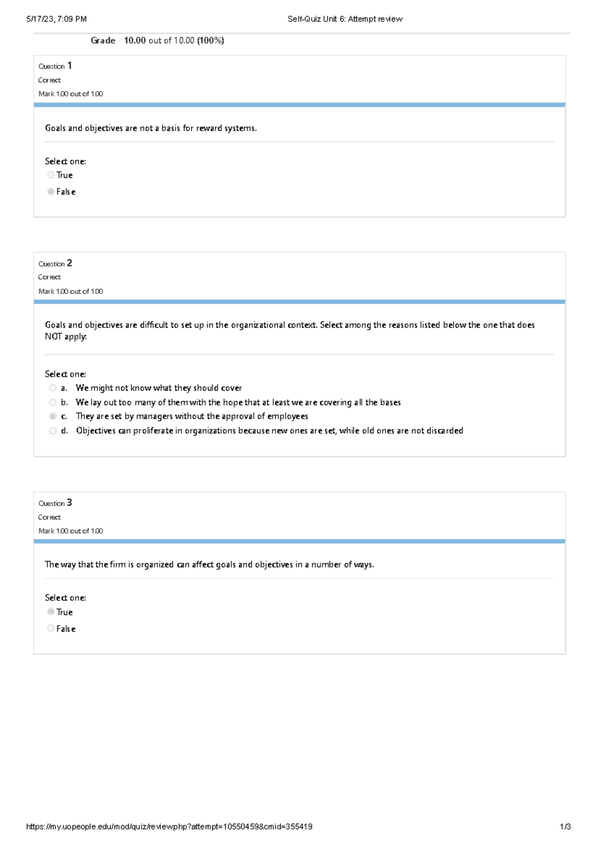 BUS 1101 Self-Quiz Unit 6 - Attempt review - 5/17/23, 7:09 PM Self-Quiz ...