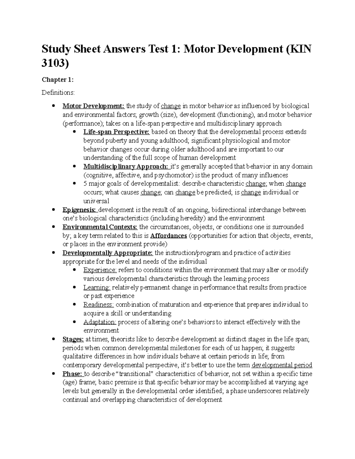 Test 1 Review Answers - Study Sheet Answers Test 1: Motor Development ...