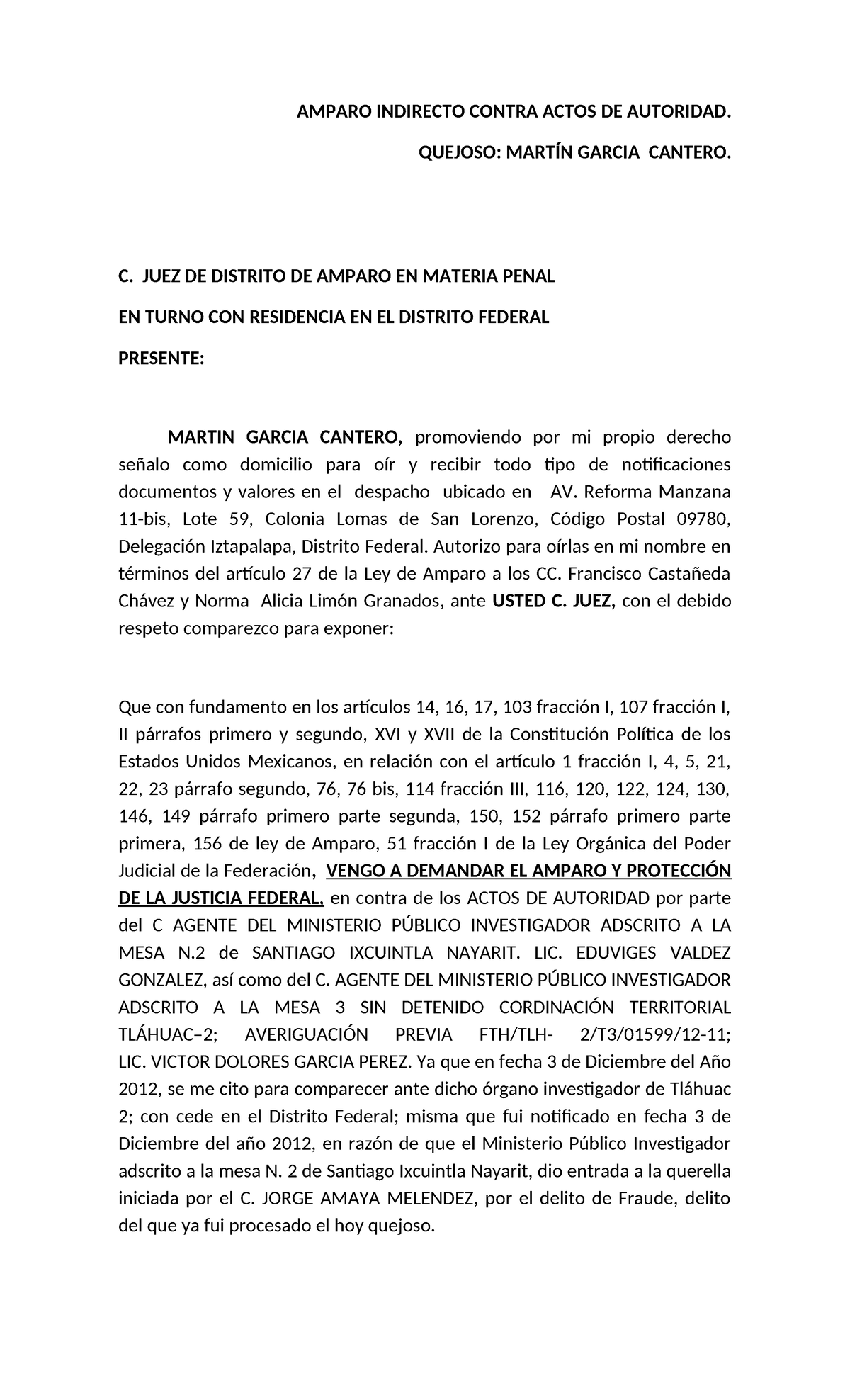 Amparo martin nuevo - AMPARO INDIRECTO CONTRA ACTOS DE AUTORIDAD ...