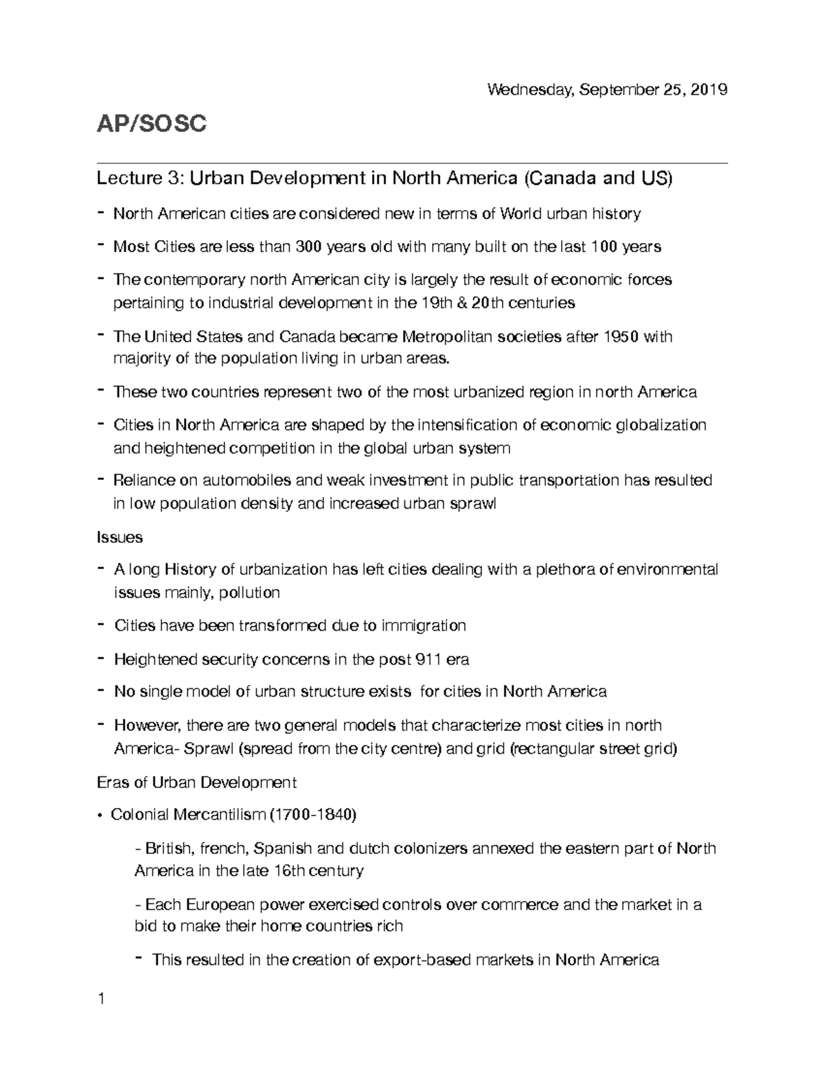 AP:SOSC Lecture 3 - Notes - AP/SOSC Lecture 3: Urban Development in ...