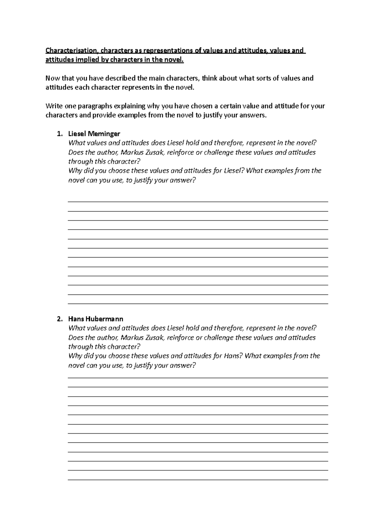 Characterisation values and attitudes paragraph activity ...