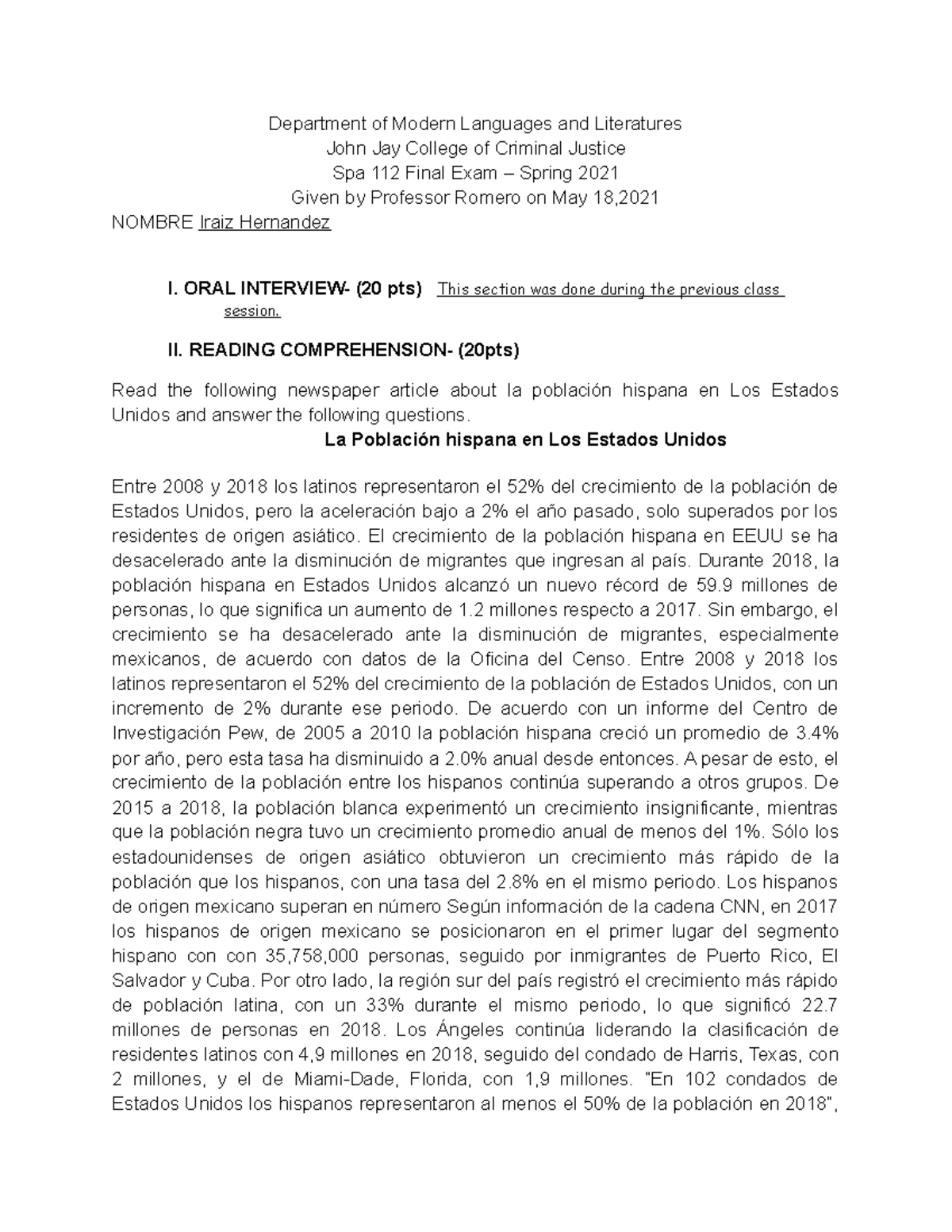 Spa 112 Final Exam – Spring 2021 [ Hernandez, Iraiz] - Department of ...