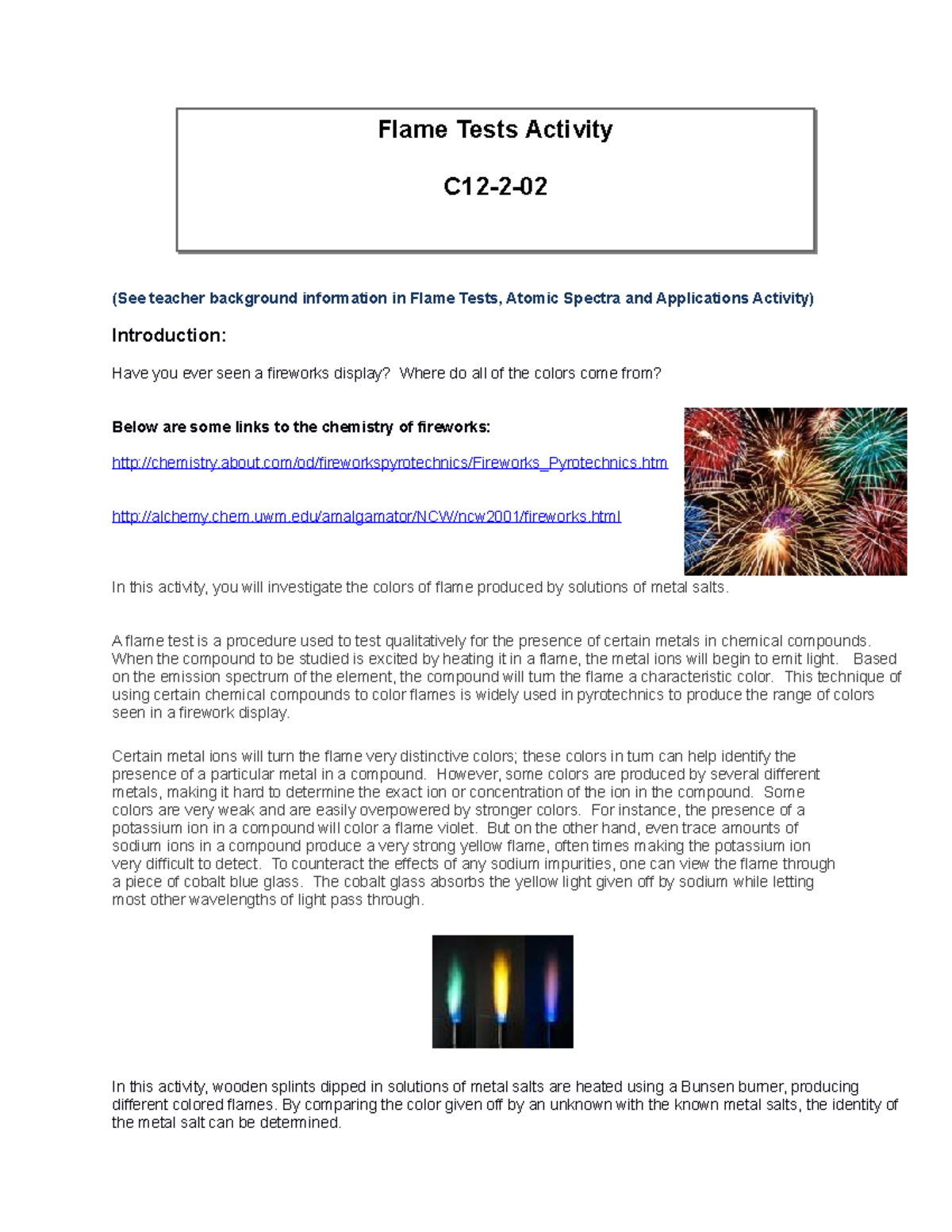 Flame Tests Activity C12-2-02 - (See teacher background information in ...