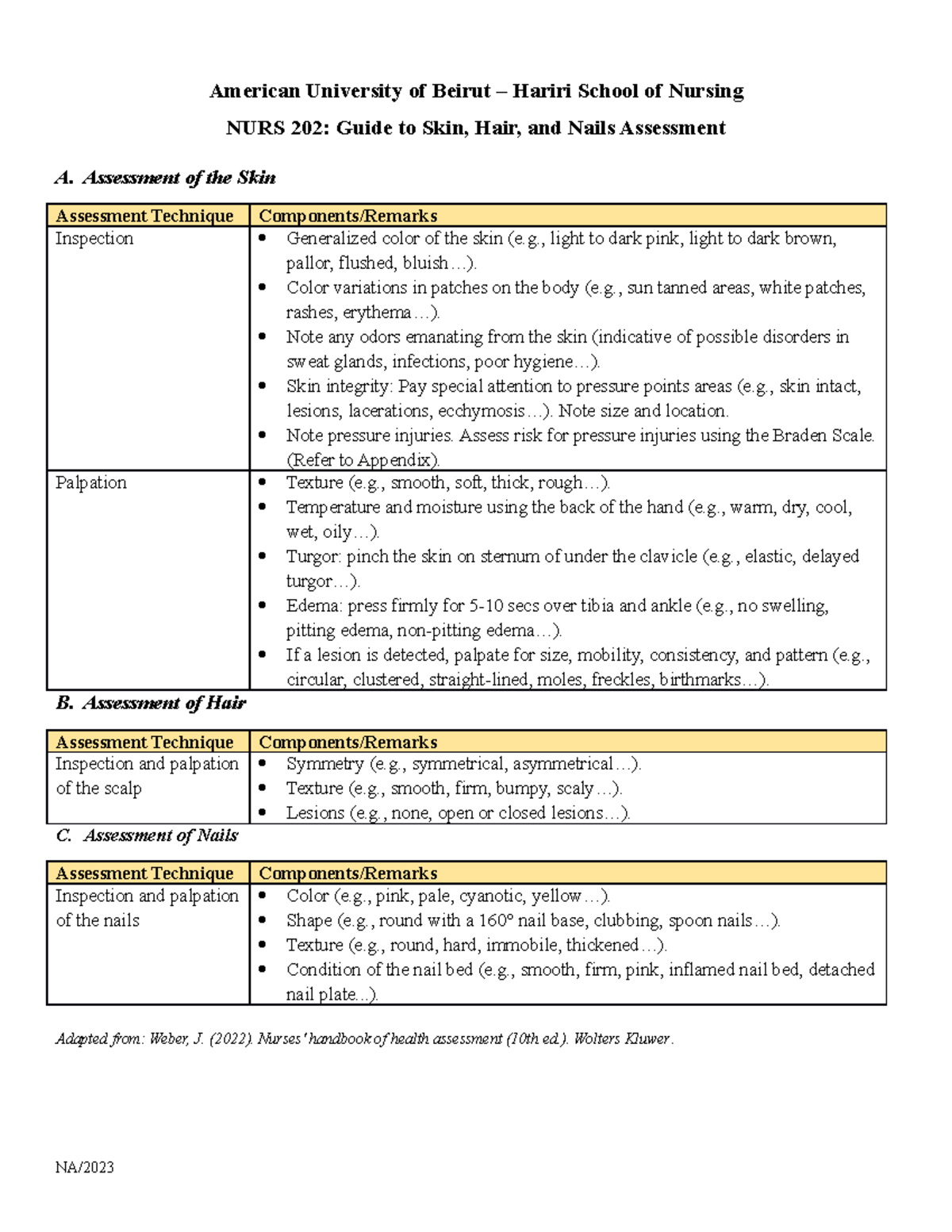Lab4- Guide to Skin, Hair and Nails Assessment - American University of ...