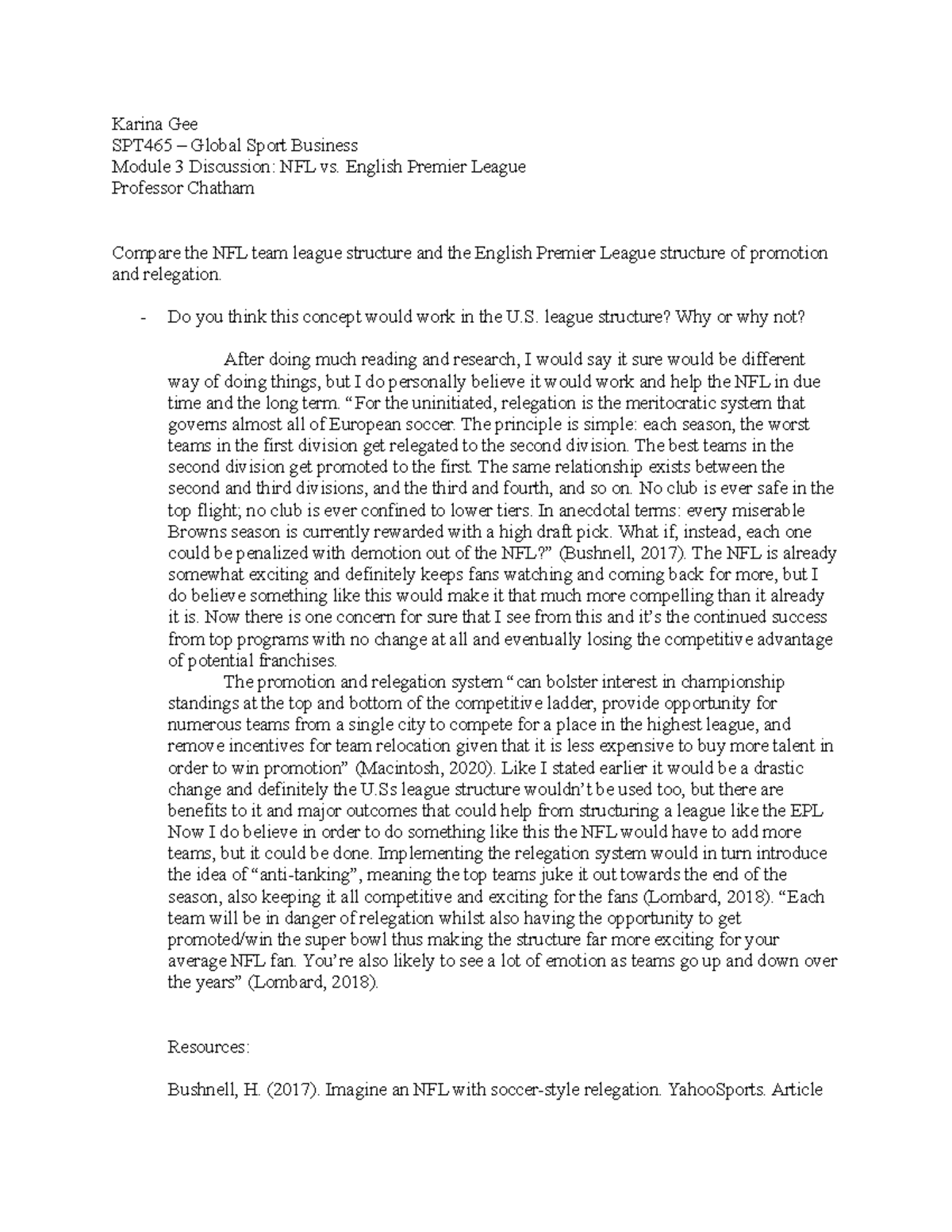 SPT465 - Discussion NFL vs. EPL (module 3) - Karina Gee SPT465 – Global ...