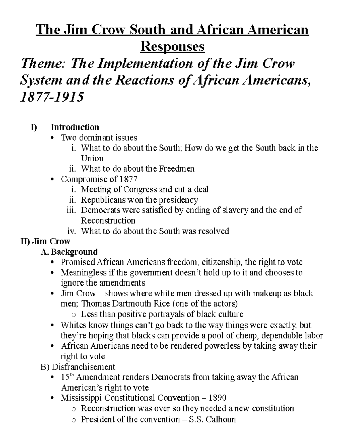 HIS 202 - Jim Crow Notes - Professor Justin Eaddy - The Jim Crow South ...