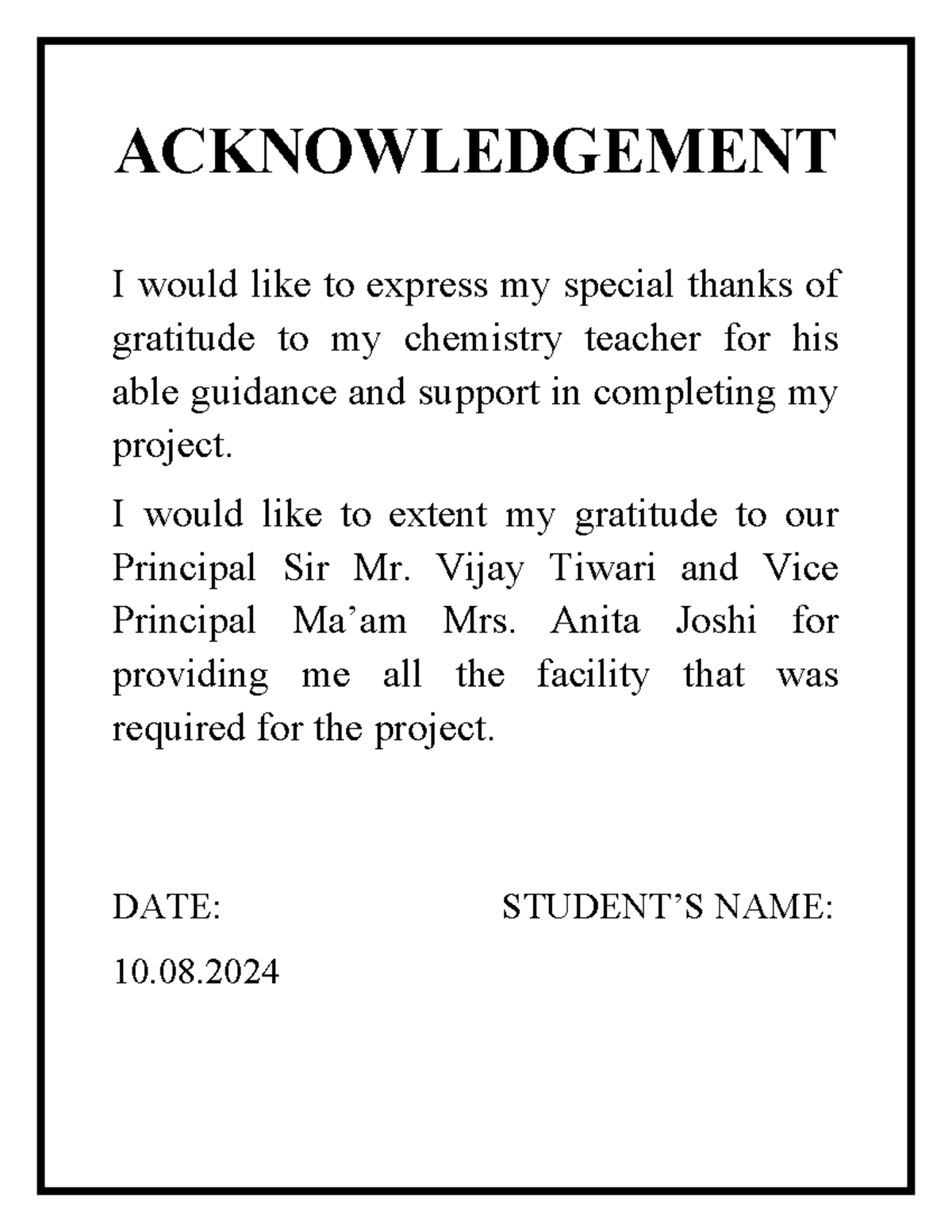 Che project - ACKNOWLEDGEMENT I would like to express my special thanks ...