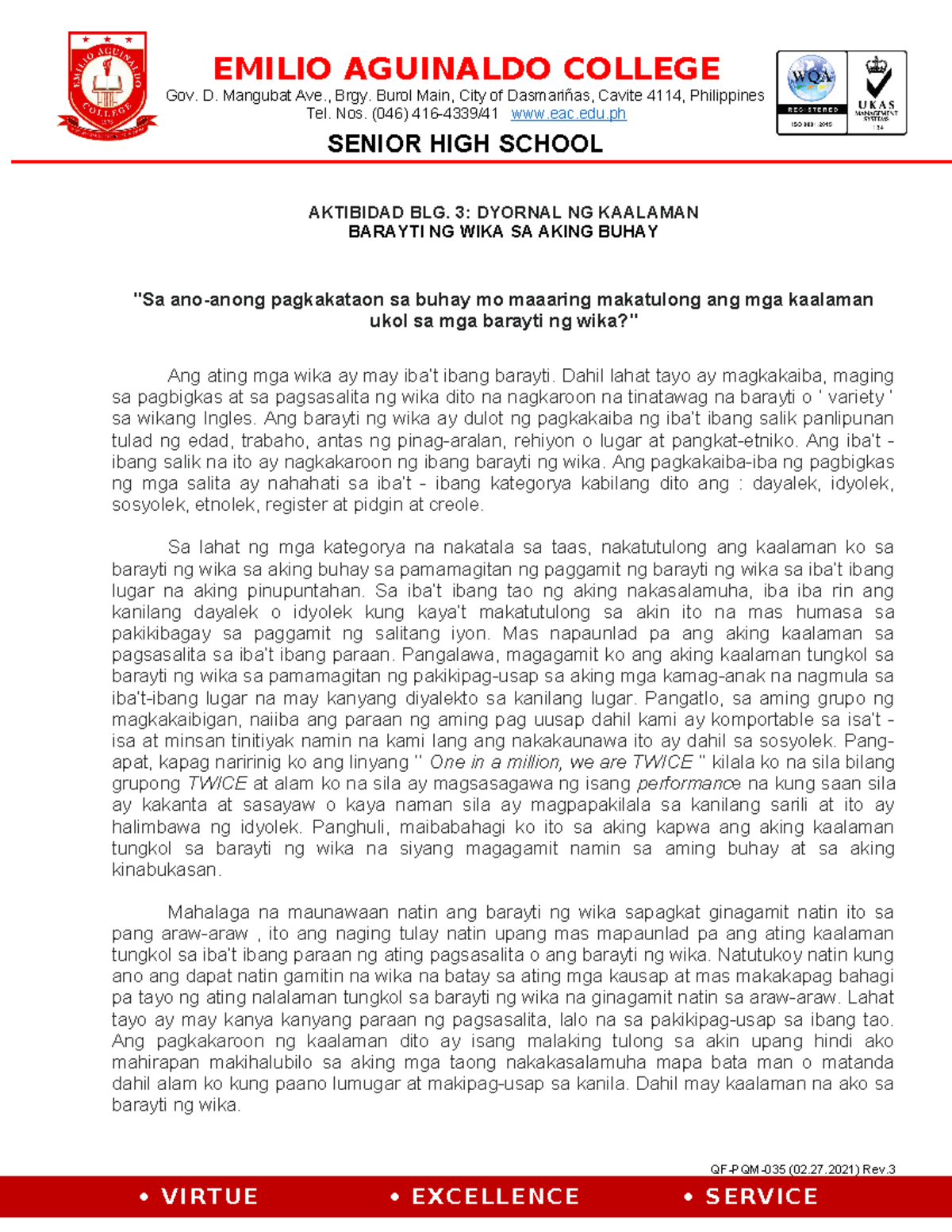 Dyornal template - EMILIO AGUINALDO COLLEGE Gov. D. Mangubat Ave., Brgy ...