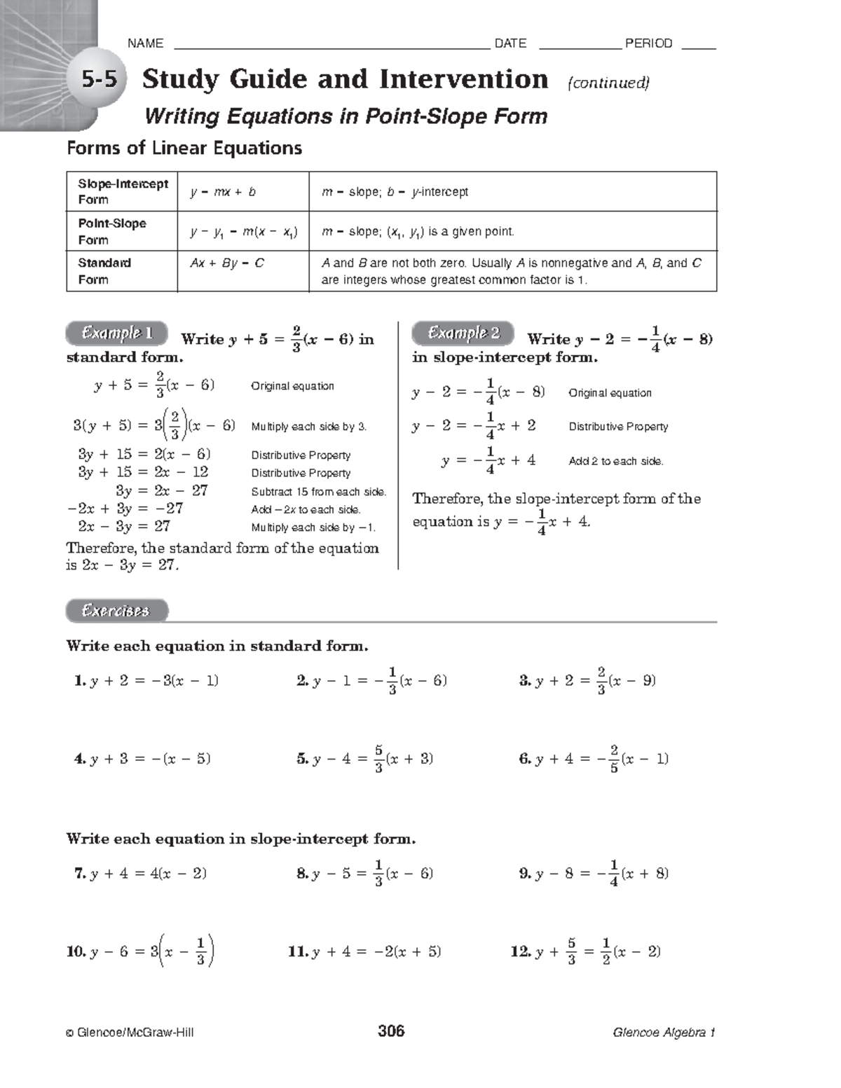 Sophia Good - Algebra Workbook 1 - © Glencoe/McGraw-Hill 306 Glencoe ...