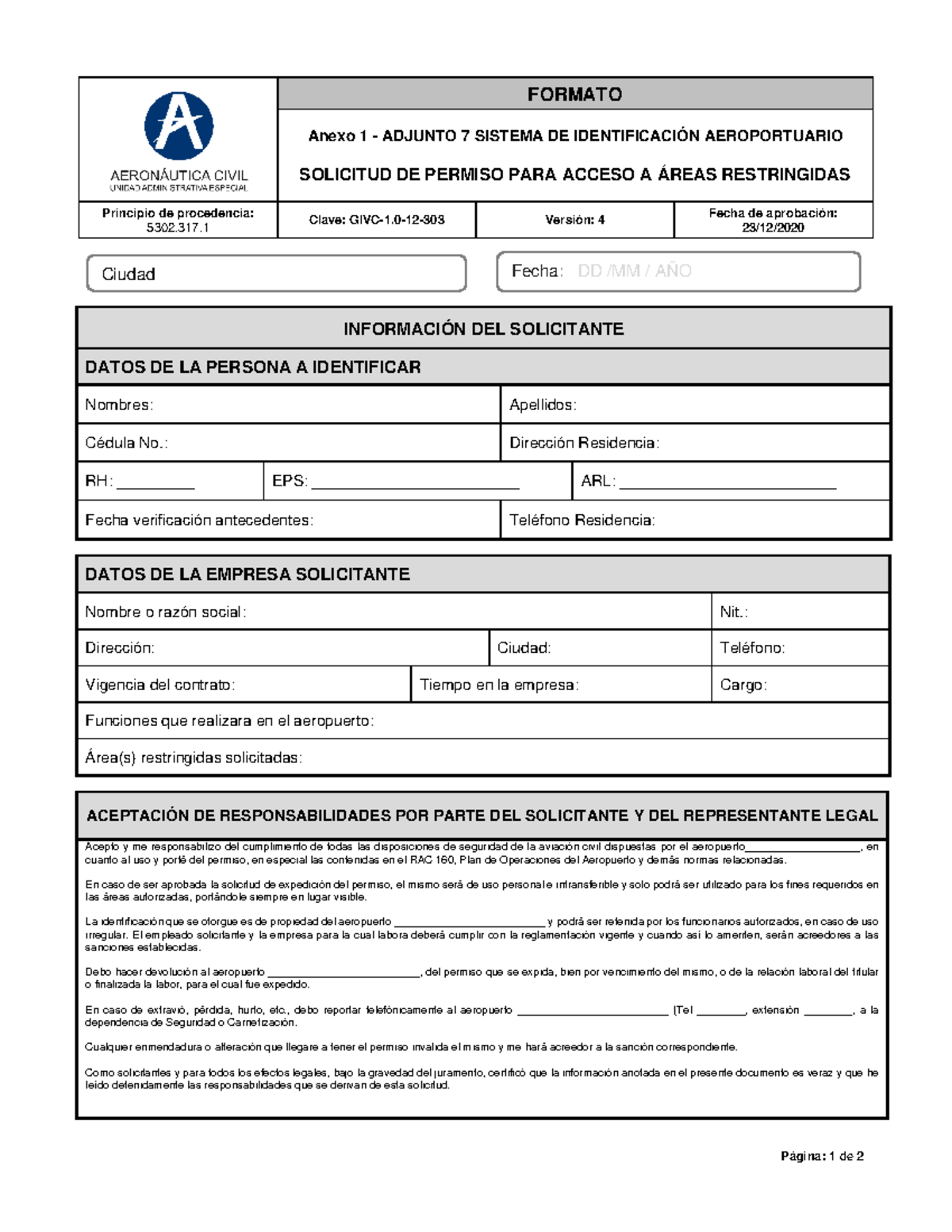 Solicitud DE Permiso Acceso Areas Restrigidas - FORMATO Anexo 1 ...